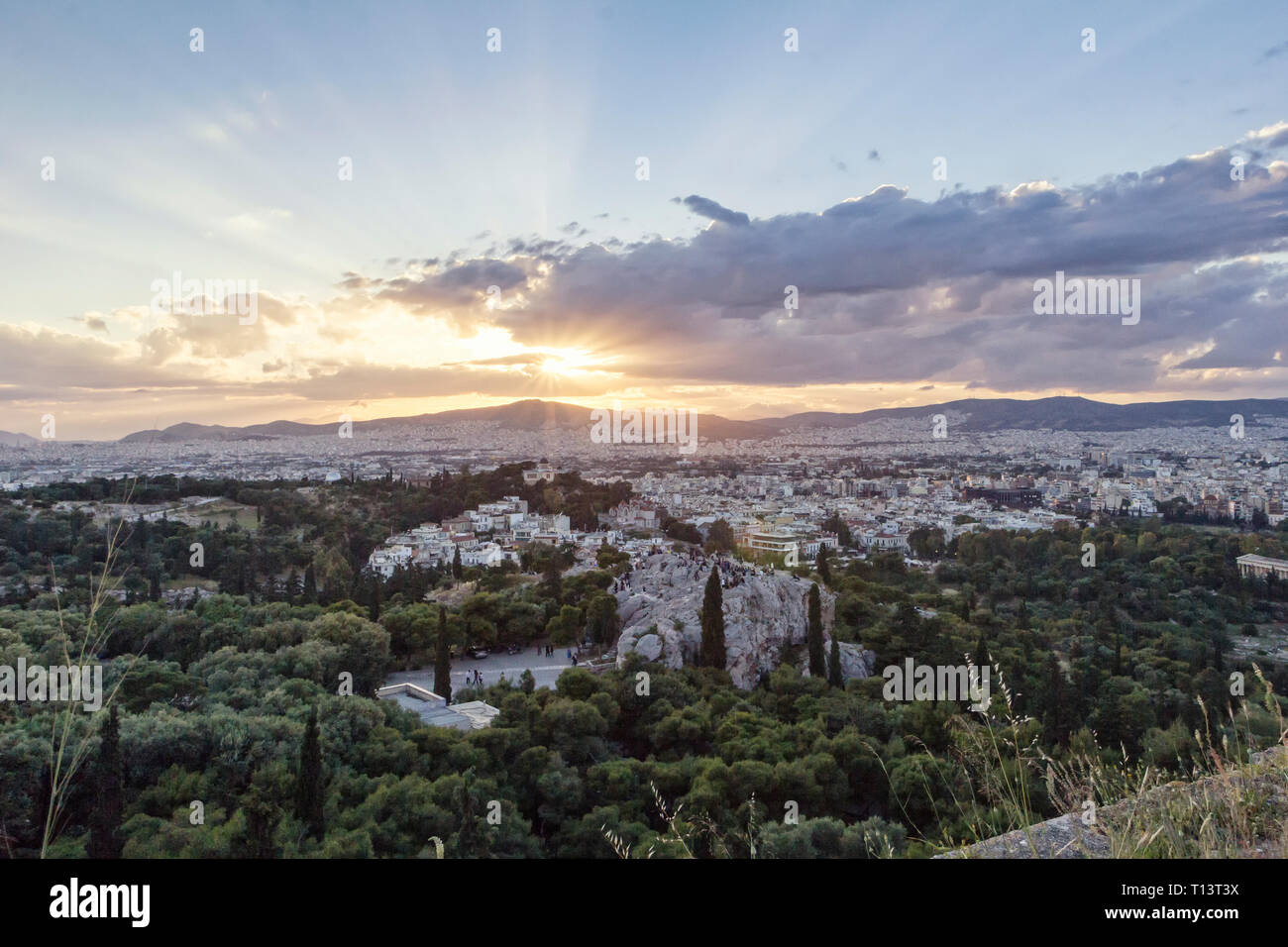 Greece, Athens, cityscape from Acropolis with observatory and Areopagus ...