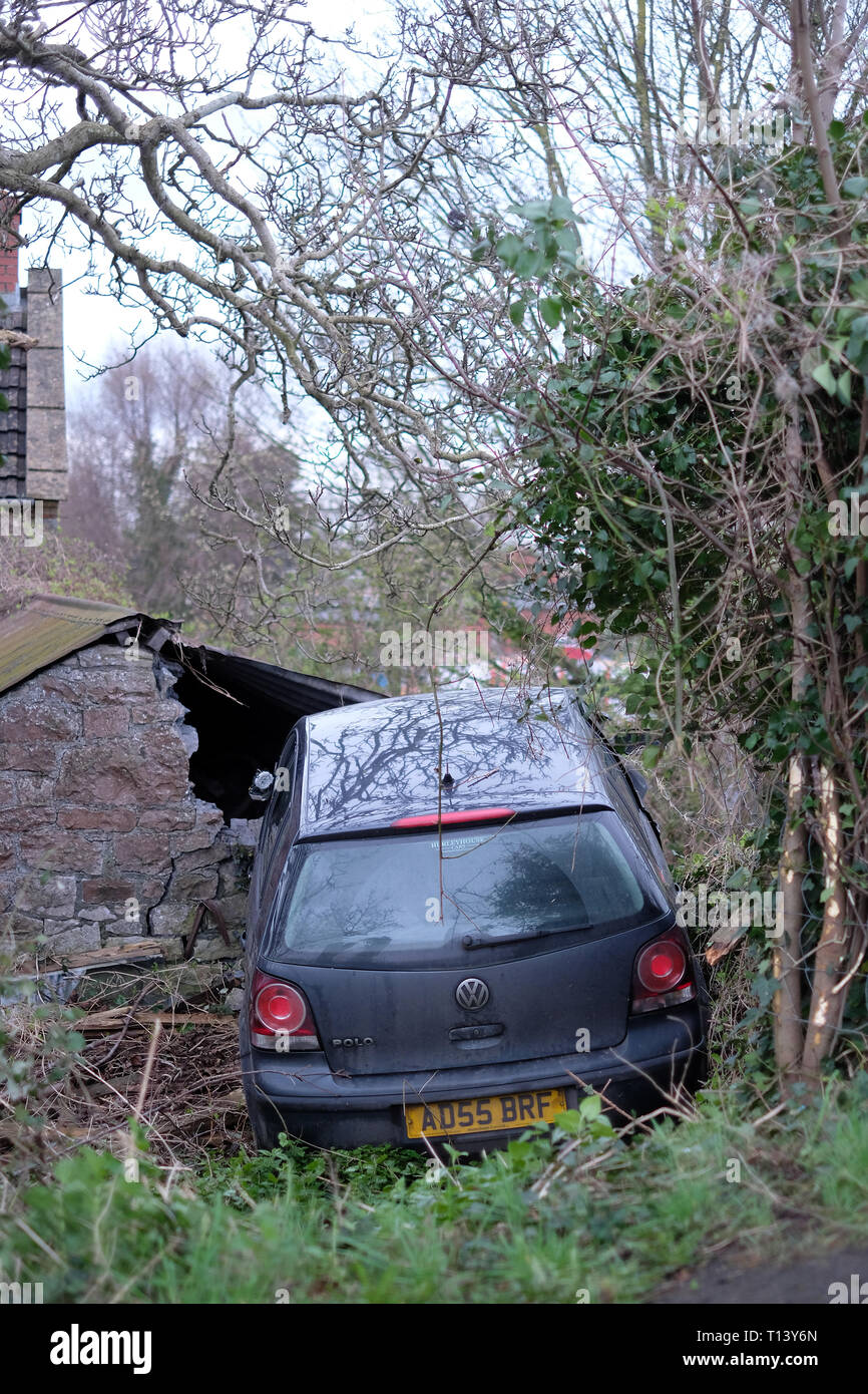 Cheddar, Somerset, UK. 23rd Mar 2019. Volkswagen Polo crashed in the ...