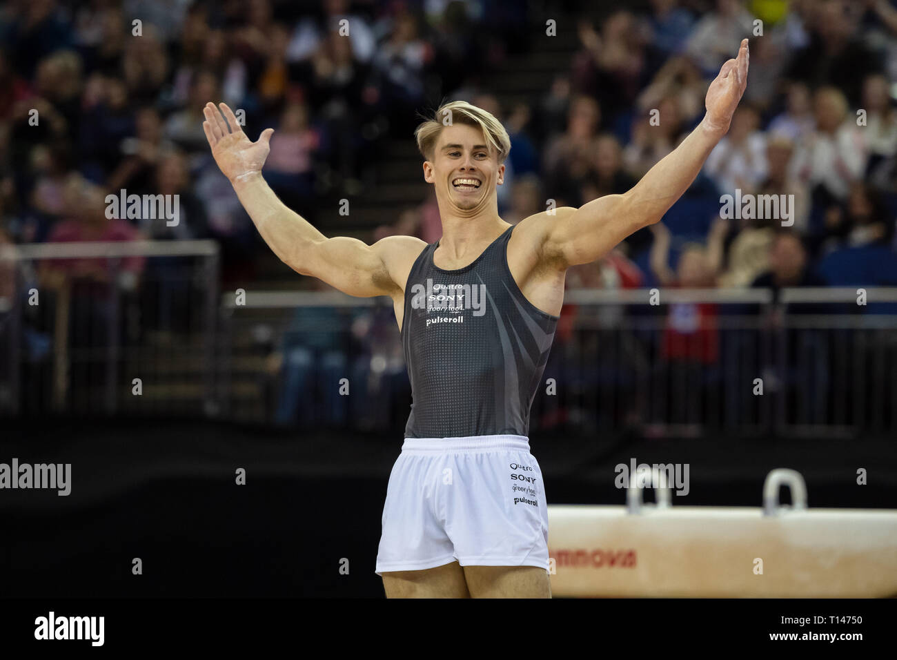 London, UK. 23rd March, 2019. Jay Thompson performs on Floor Exercise ...