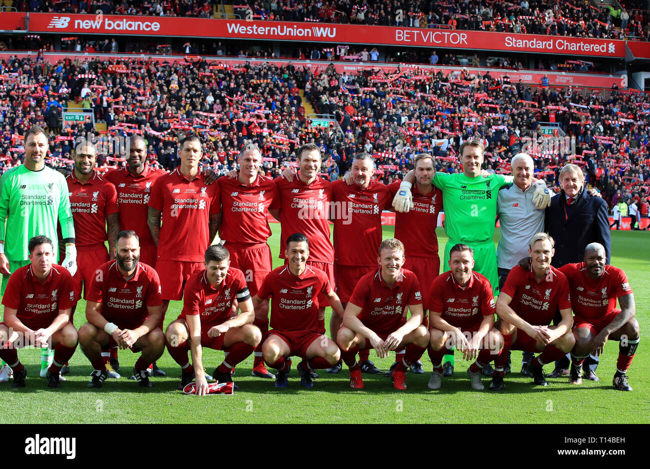 Liverpool Legends line up before the Legends match at Anfield Stadium ...