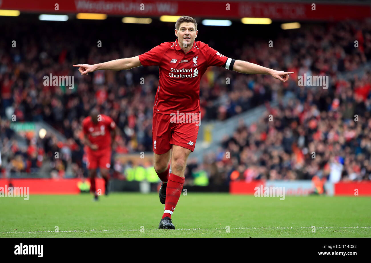 Liverpool's Steven Gerrard celebrates scoring his side's third goal of ...