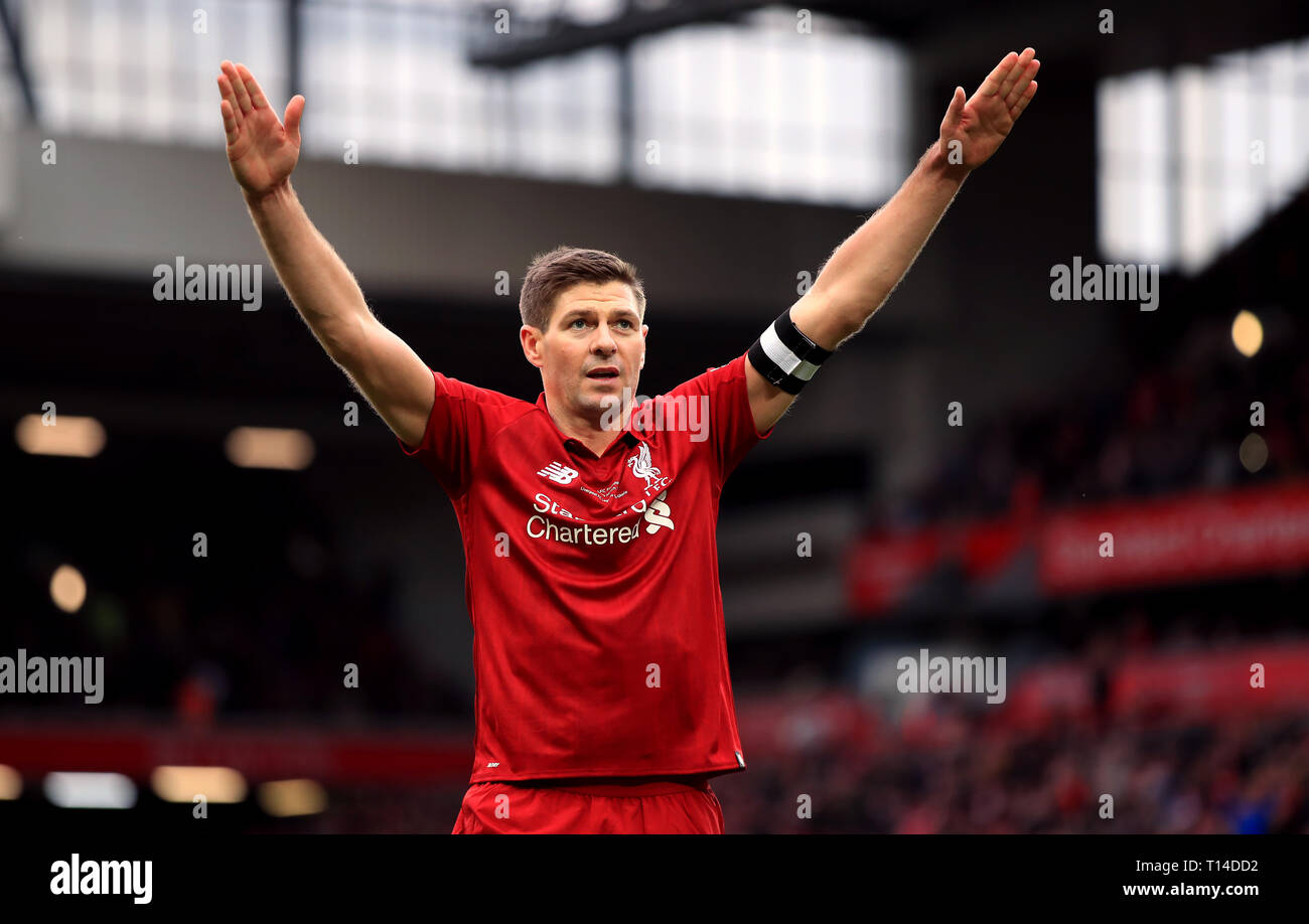 Liverpool's Steven Gerrard celebrates scoring his side's third goal of ...