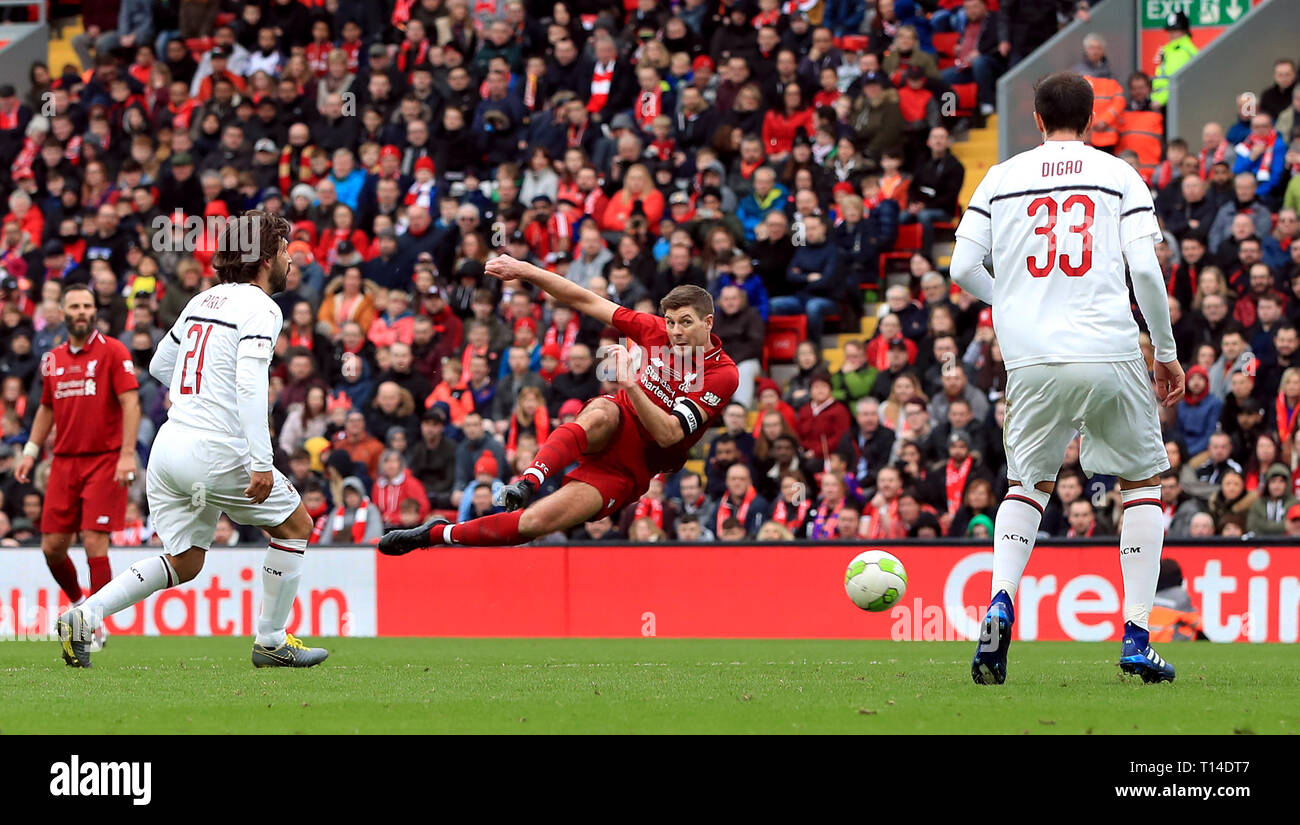 Liverpool's Steven Gerrard shoots during the Legends match at Anfield ...
