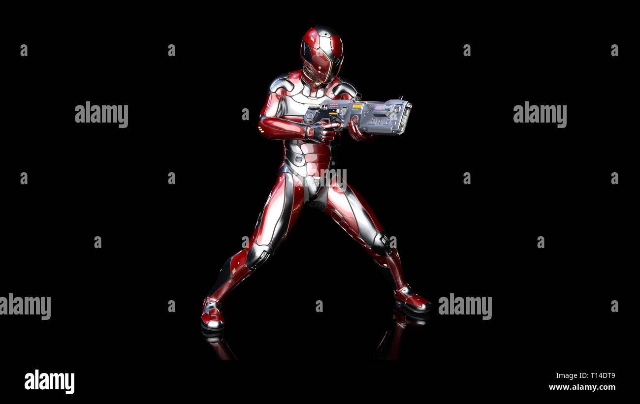 Futuristic android soldier in bulletproof armor, military cyborg armed ...