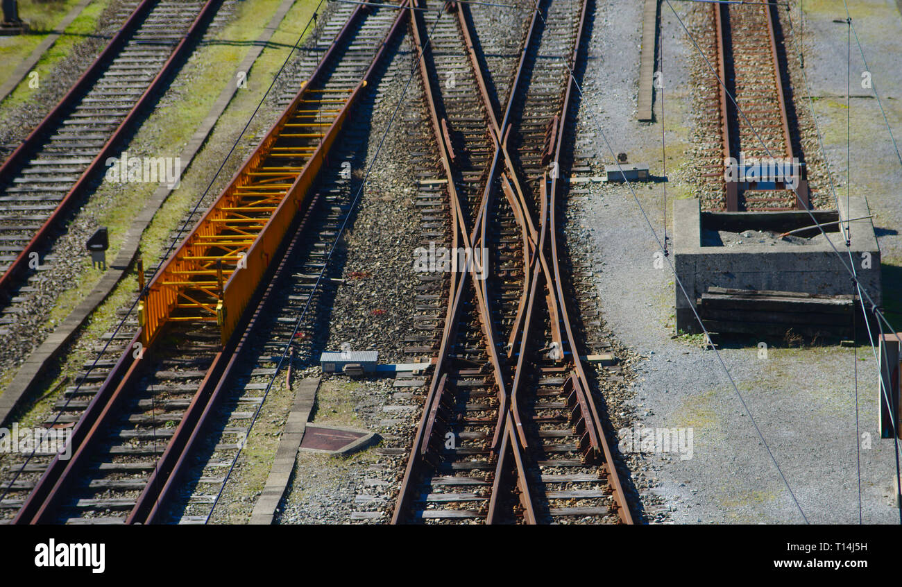 Railroad basics: a track, a ramp, a switch and a block Stock Photo - Alamy