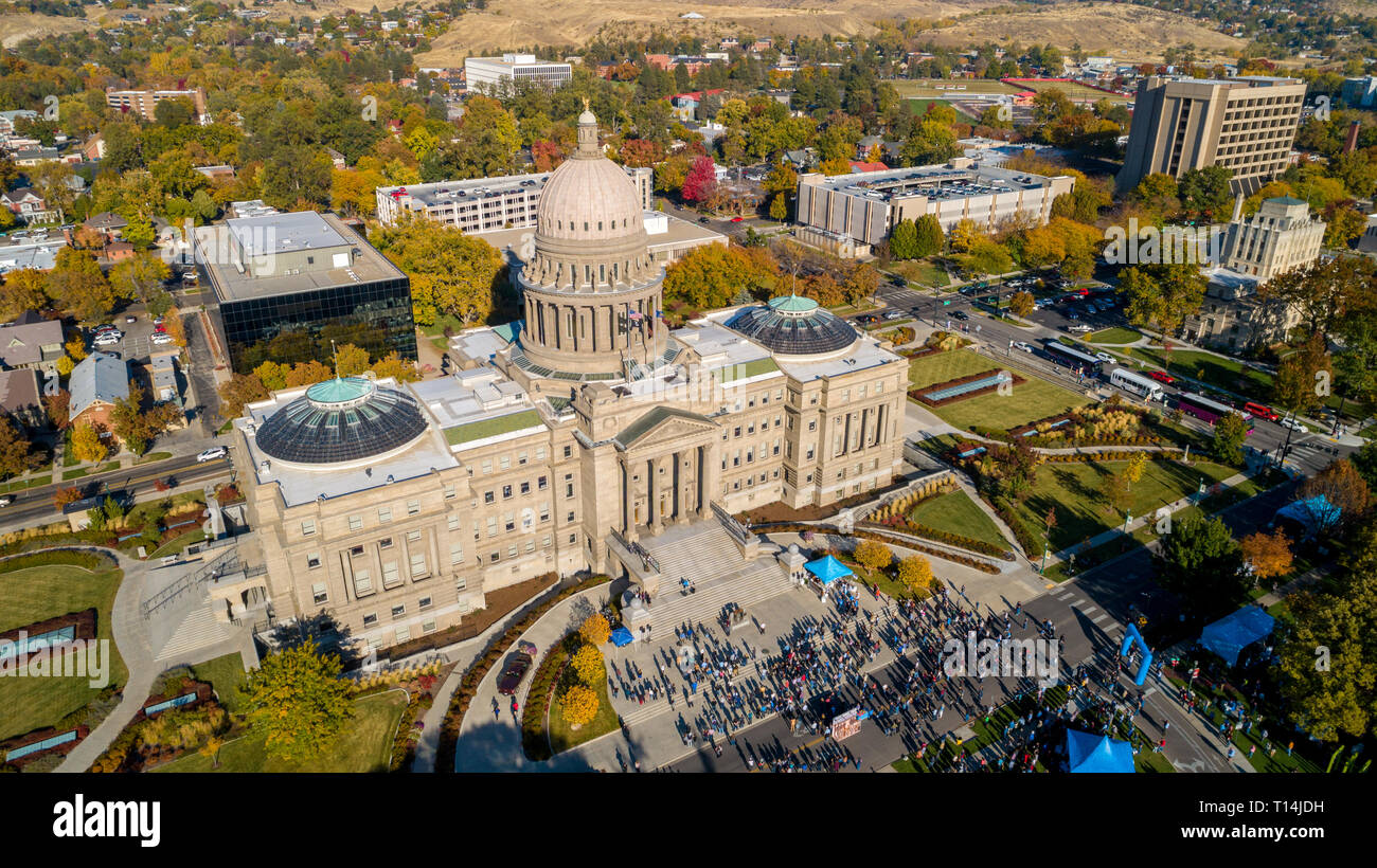Aerial view of the Idaho state capital building in the fall with a ...