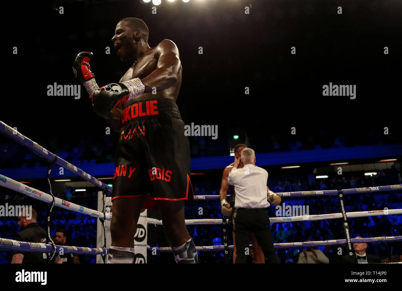 Lawrence Okolie (left) celebrates beating Wadi Camacho during their ...