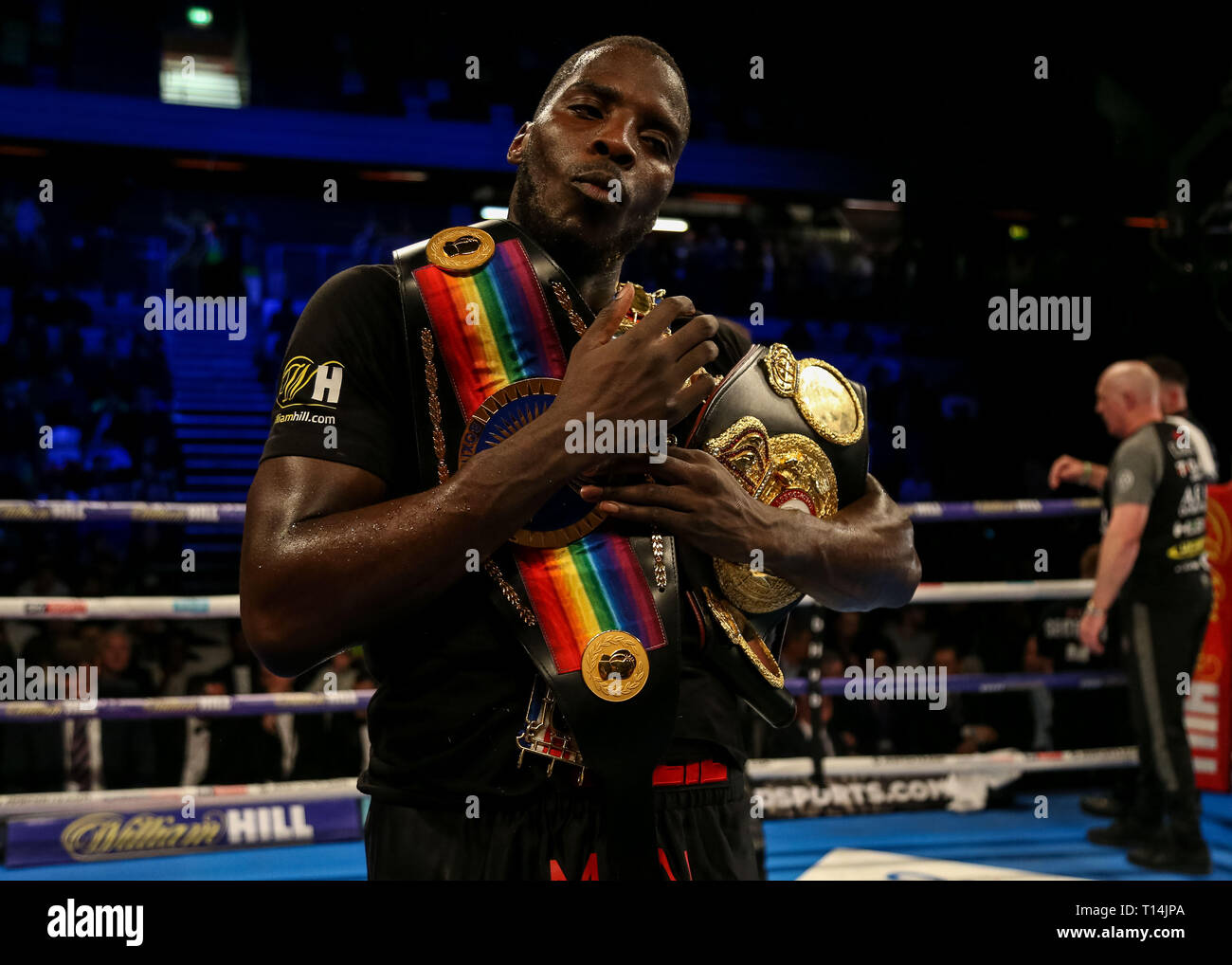 Lawrence Okolie celebrates beating Wadi Camacho during their British ...