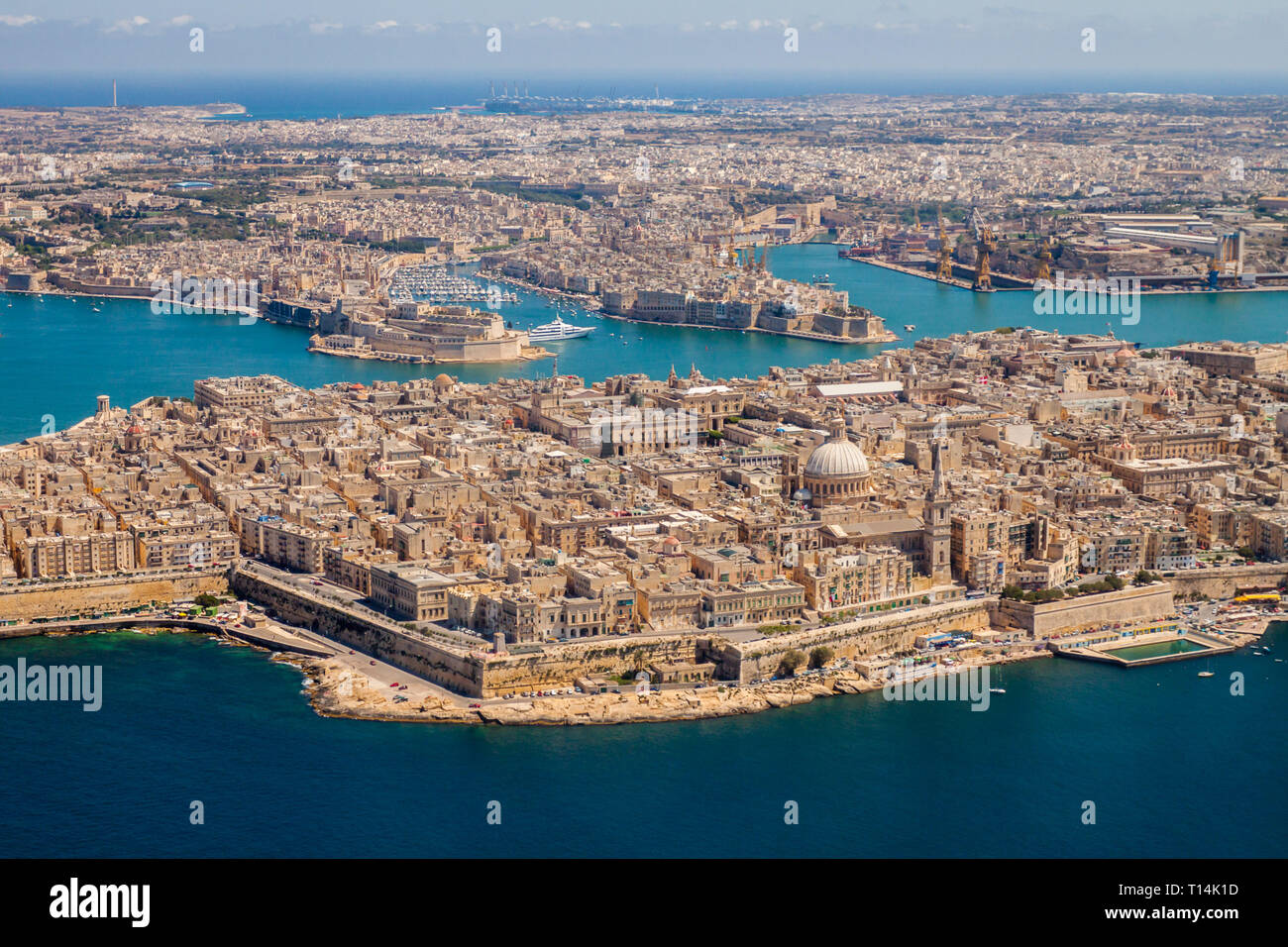 Malta aerial view. Valetta, capital city of Malta, Grand Harbour ...