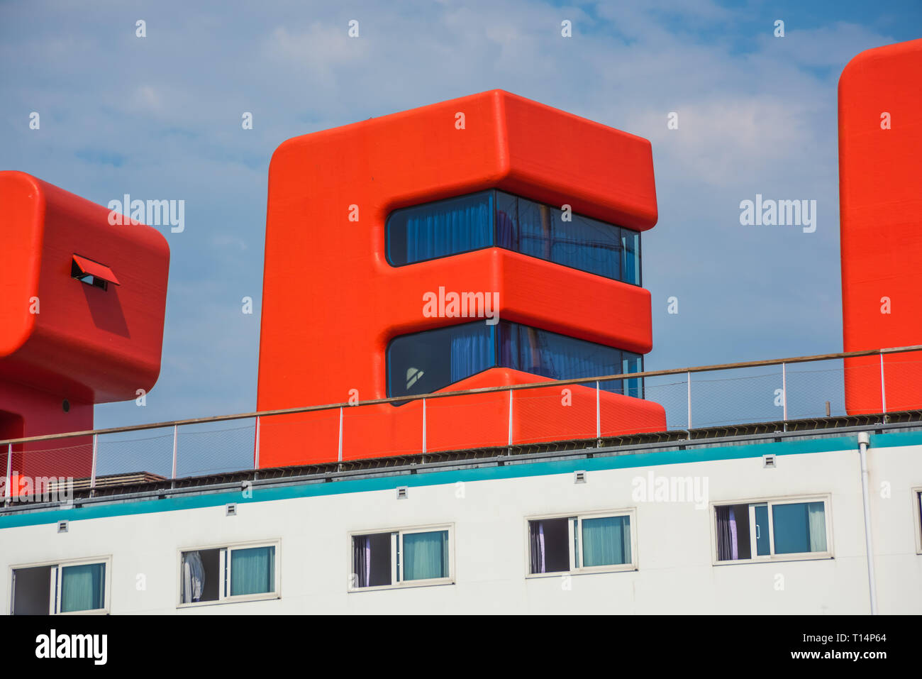 Amsterdam Noord, Hotelschiff Botel, Micro Houses Stock Photo - Alamy