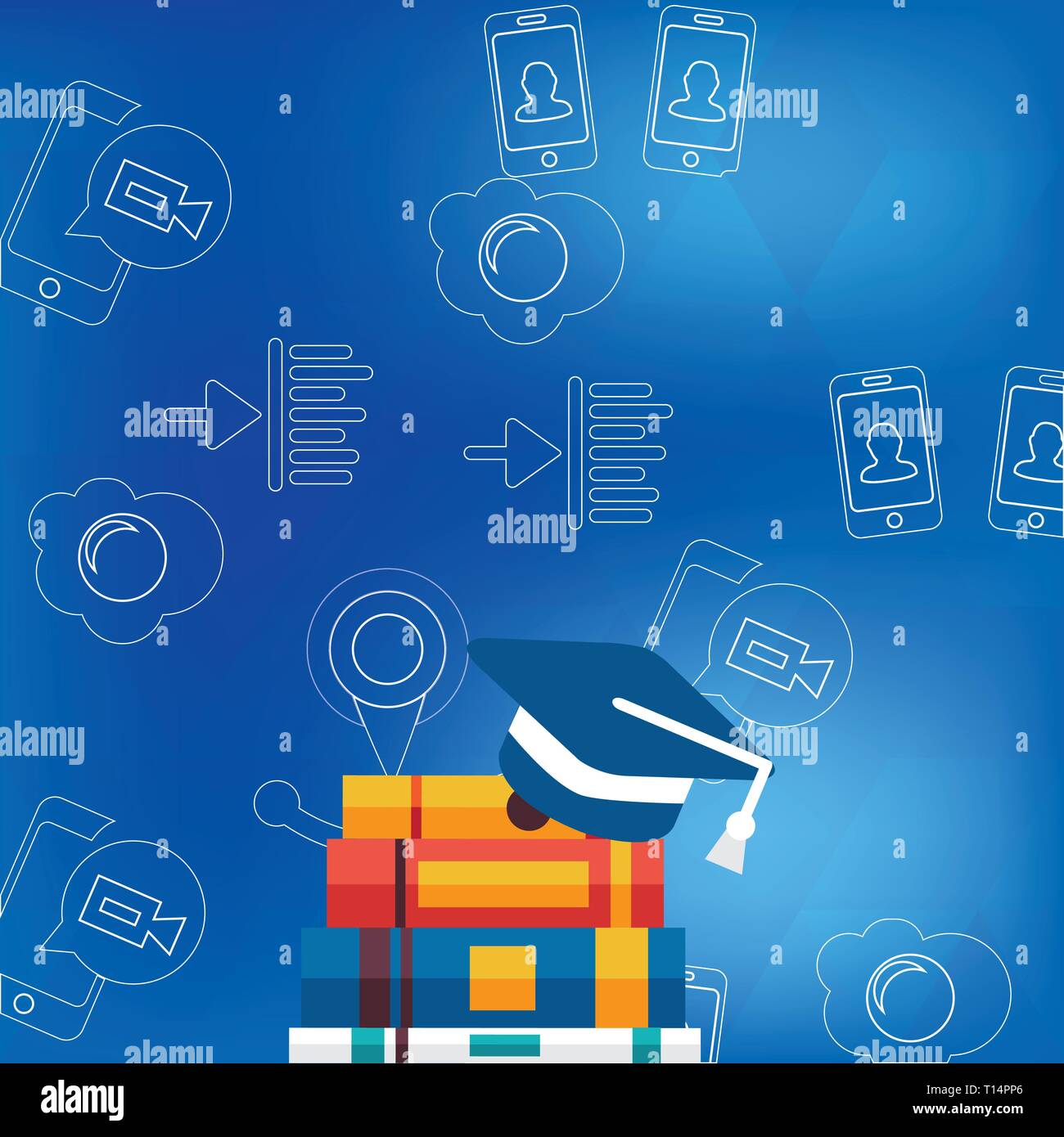 Graduation Cap with Tassel Resting on Top of Stack of Colorful Thick ...