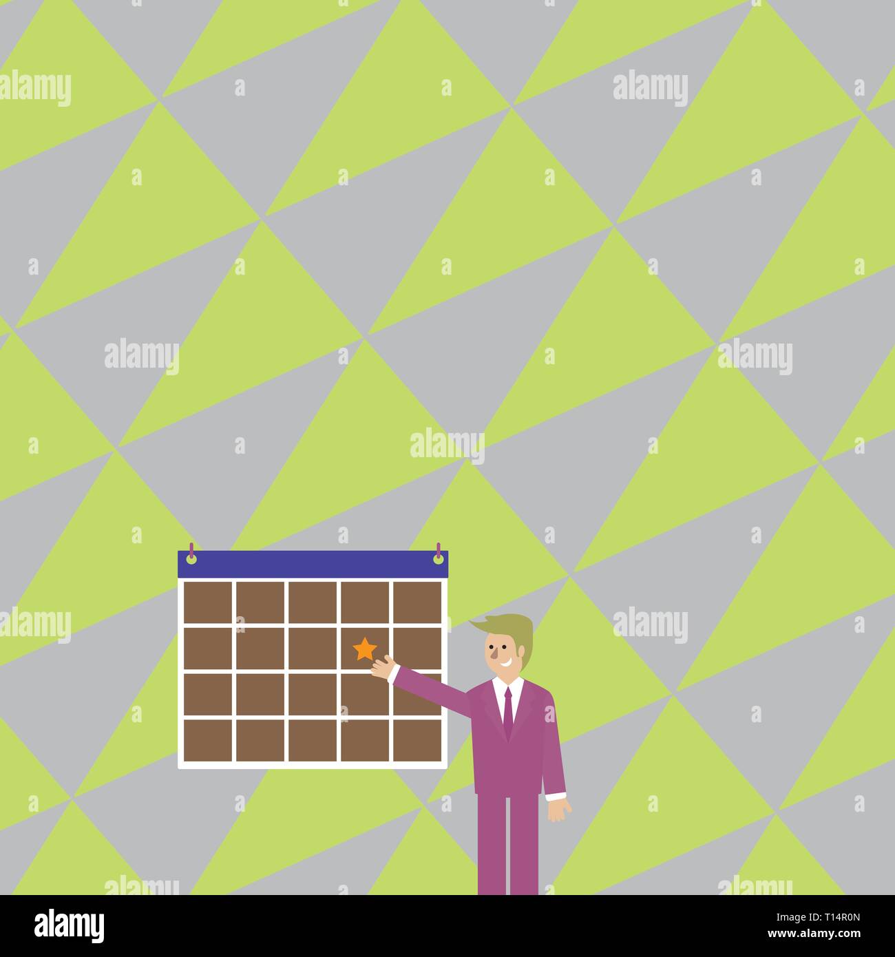 Businessman Smiling and Pointing to Colorful Calendar with Star Hang on ...