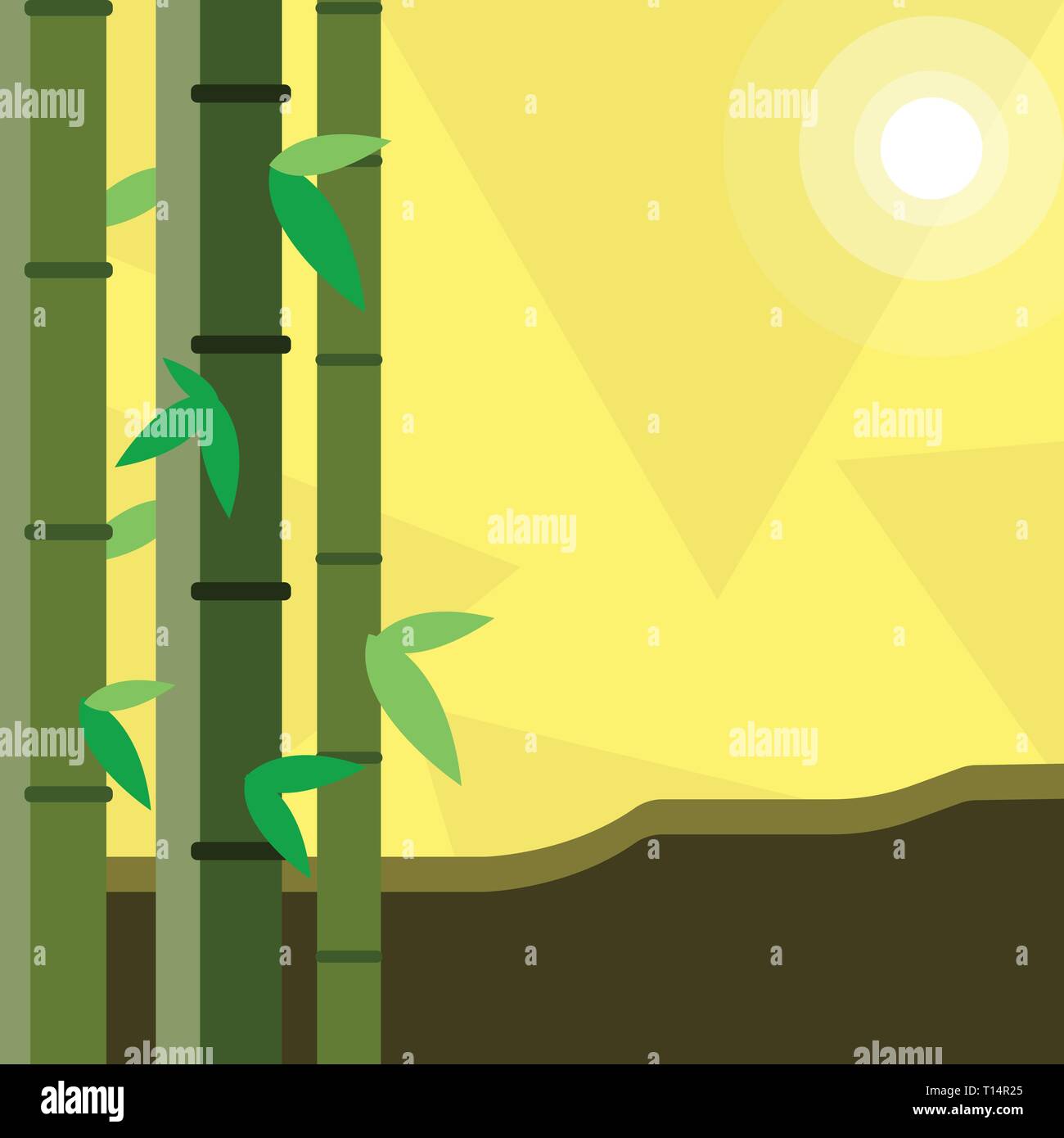 Colorful Sets of Leafy Bamboo on Left Side and Moon or Sun with Round ...