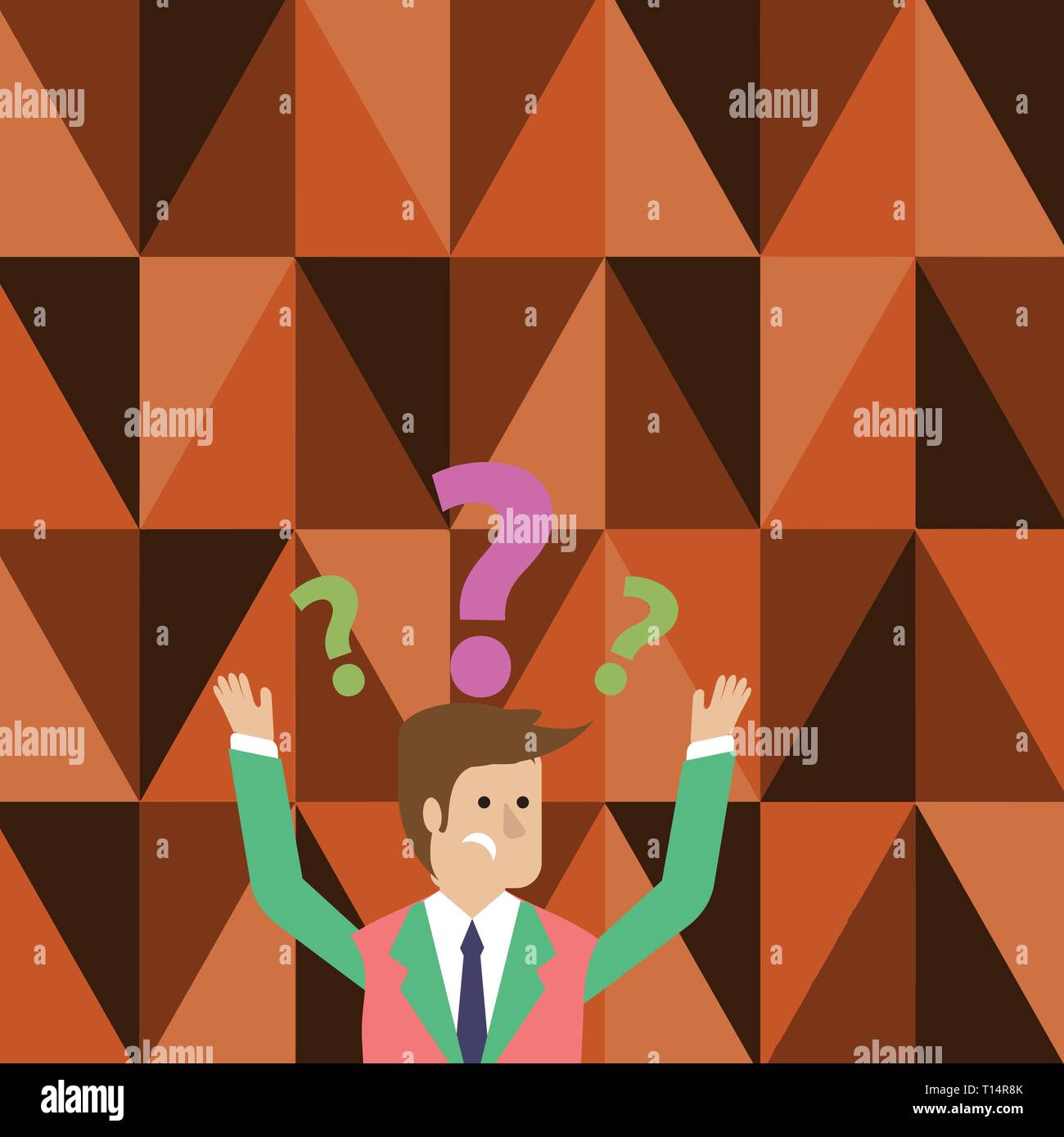 Confused Businessman Raising Both Arms with Question Marks Above his ...