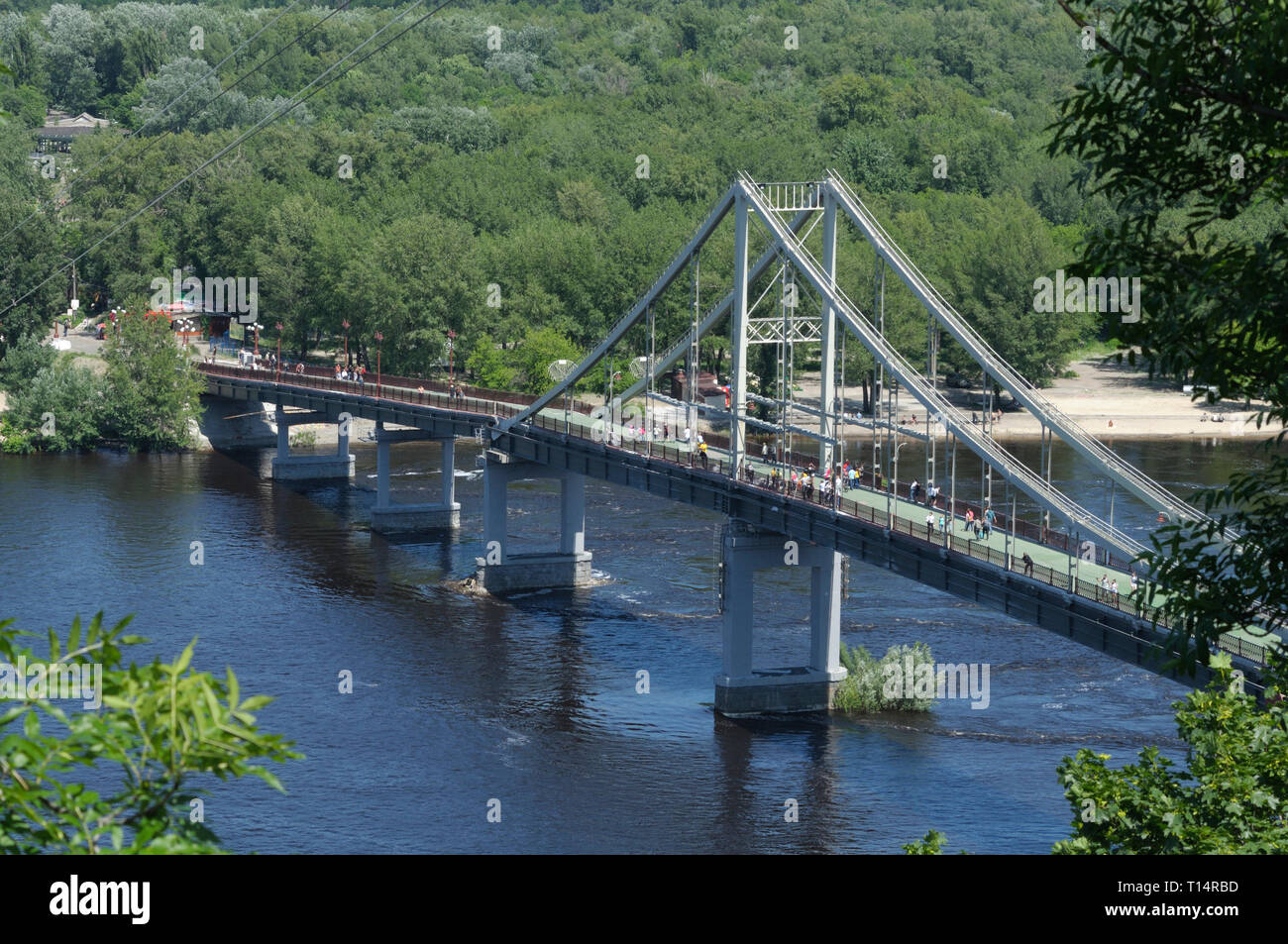 View of Dnieper river, Pedestrian bridge and a part of Truhanov island ...
