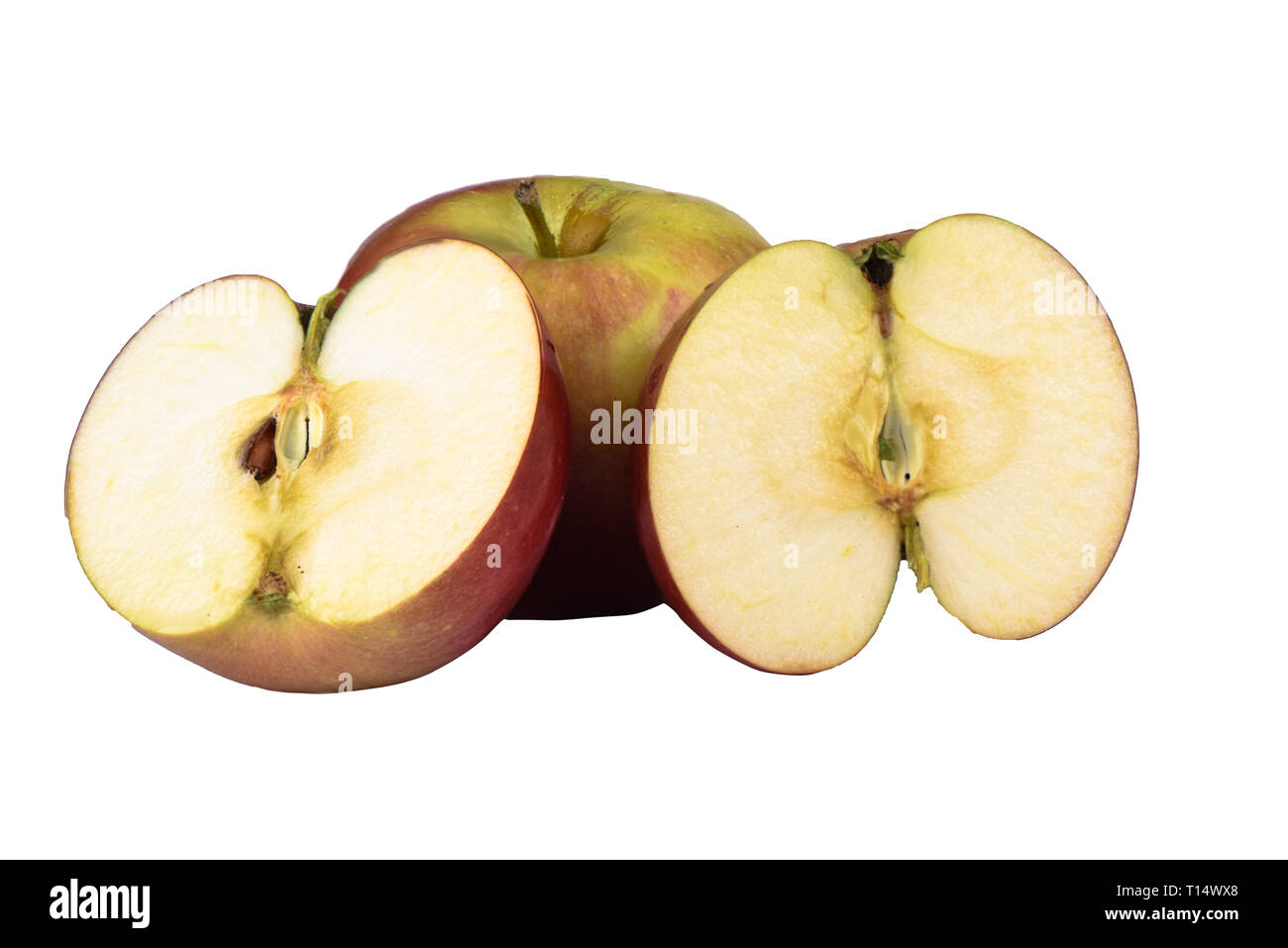 Whole fresh apple and two halves of apple isolated on white background ...