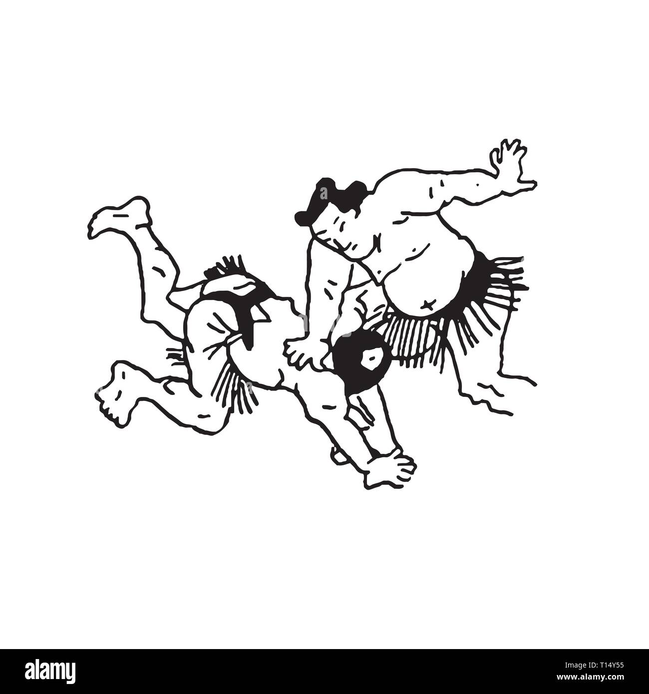 Hand drawn illustration of sumo man wrestlers fight on white background ...