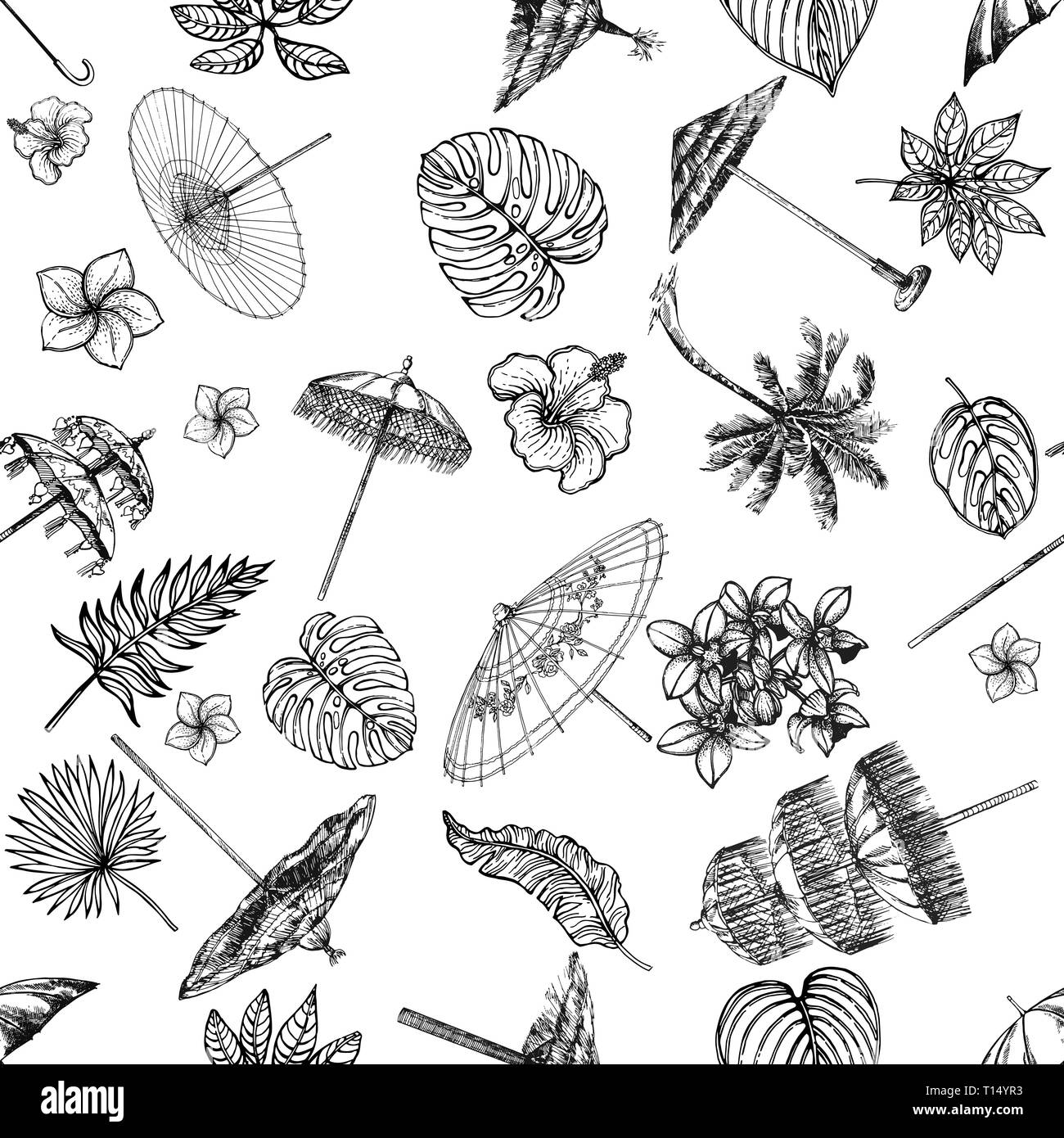 Seamless pattern of hand drawn sketch style different umbrellas and tropical plants isolated on ...