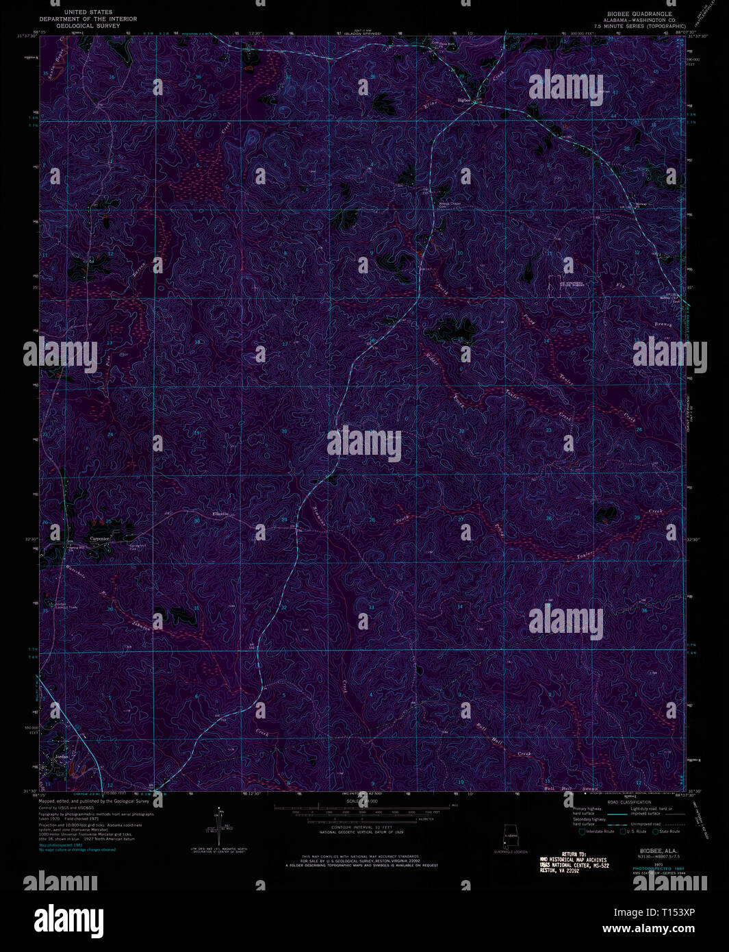 USGS TOPO Map Alabama AL Bigbee 303236 1971 24000 Inverted Stock Photo ...