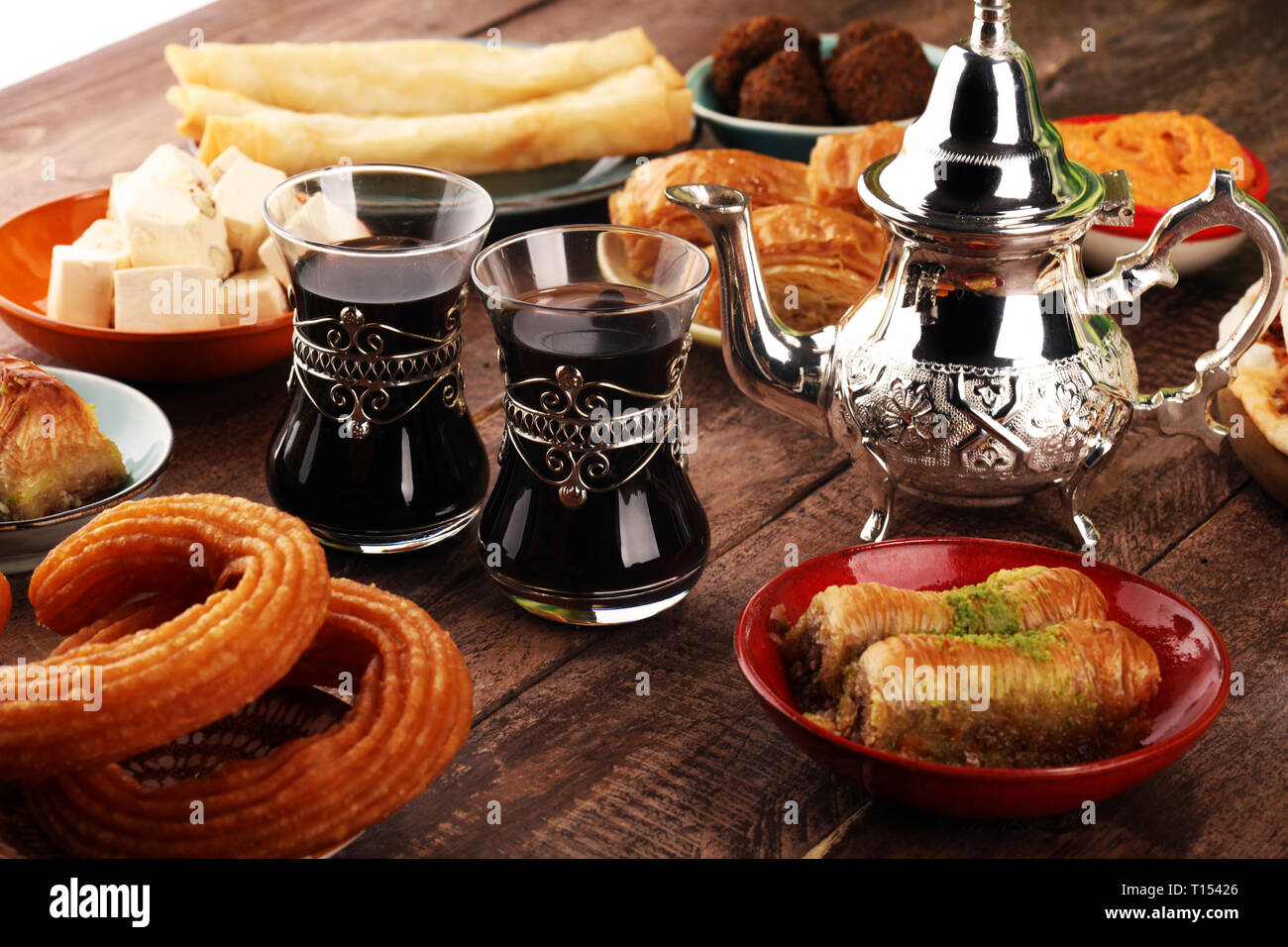 Middle eastern or arabic dishes and assorted meze, concrete rustic ...