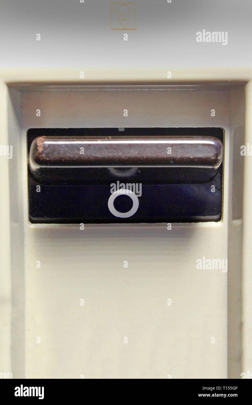 Vintage power switch on-off, isolated on white background, close-up ...