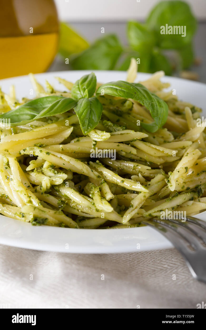 Trofie with genoese pesto sauce, a classic of Ligurian cuisine, Italy ...