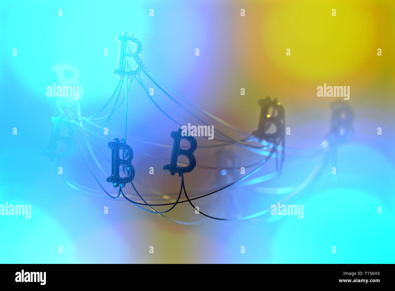 Golden bitcoin signs flying in the air and connected to each other by ...