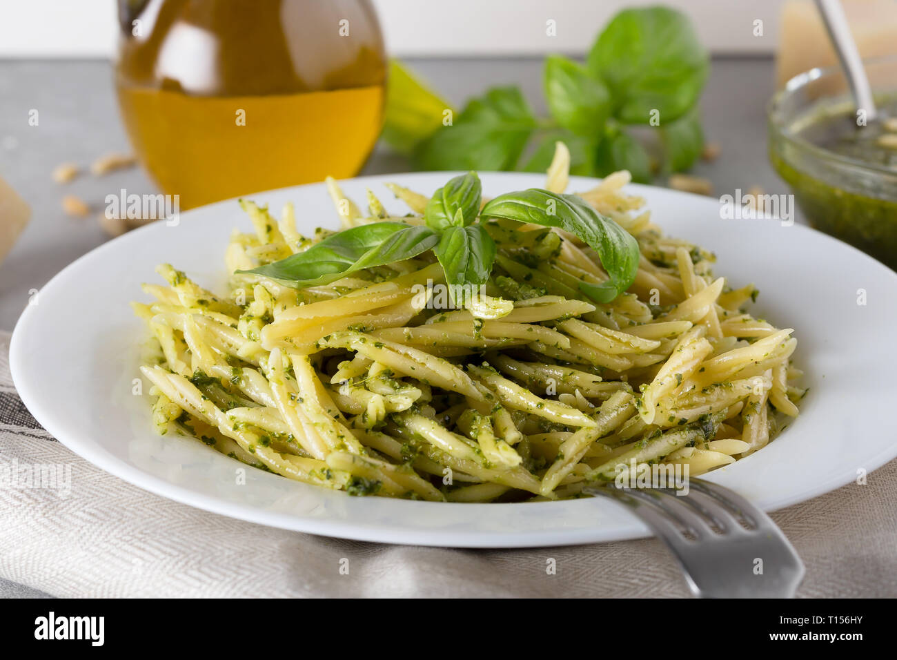 Trofie with genoese pesto sauce, a classic of Ligurian cuisine, Italy ...