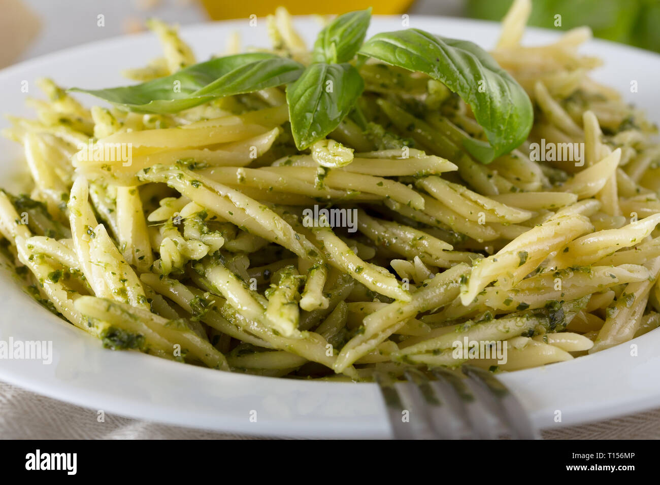 Trofie with genoese pesto sauce, a classic of Ligurian cuisine, Italy ...