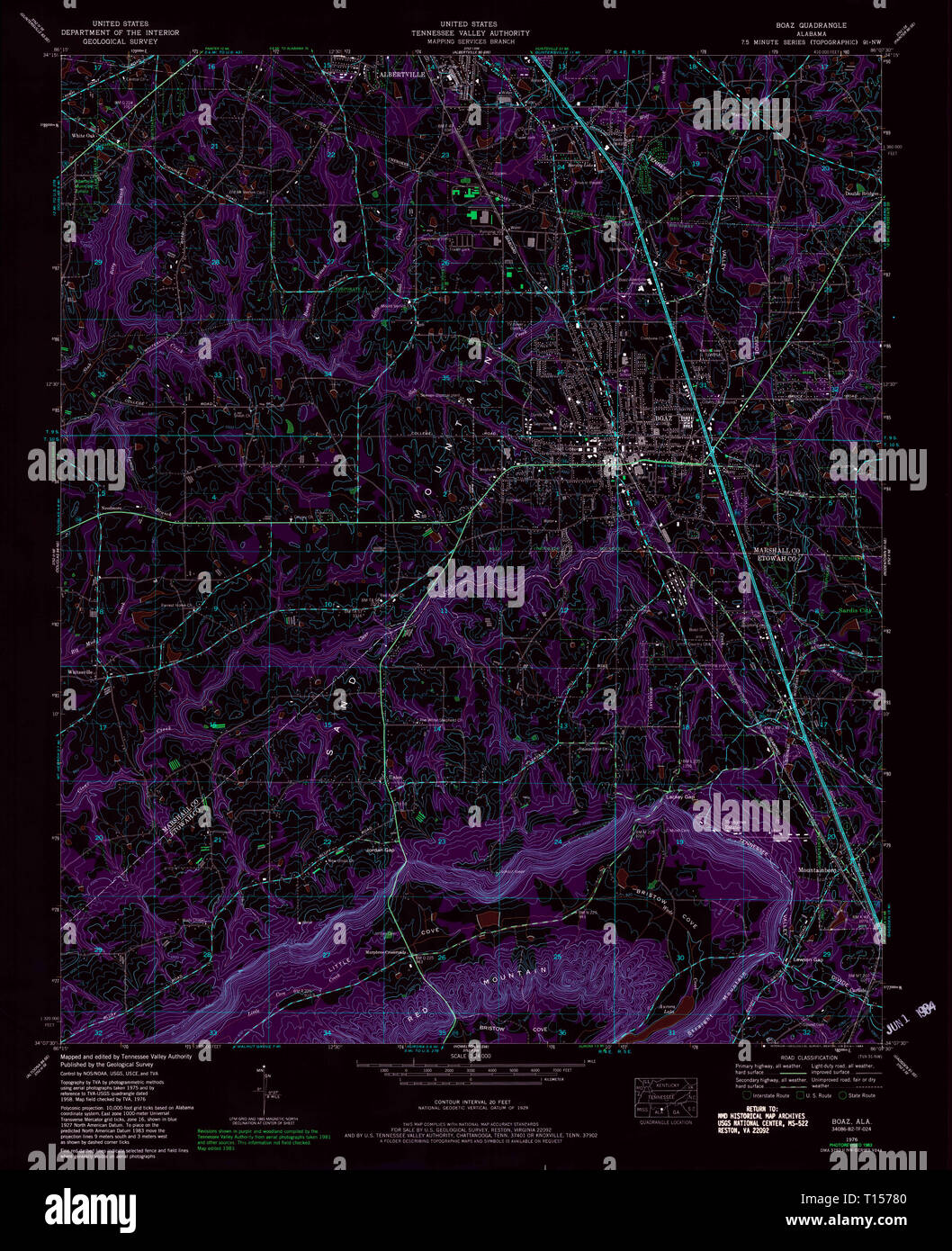 USGS TOPO Map Alabama AL Boaz 303296 1976 24000 Inverted Stock Photo ...