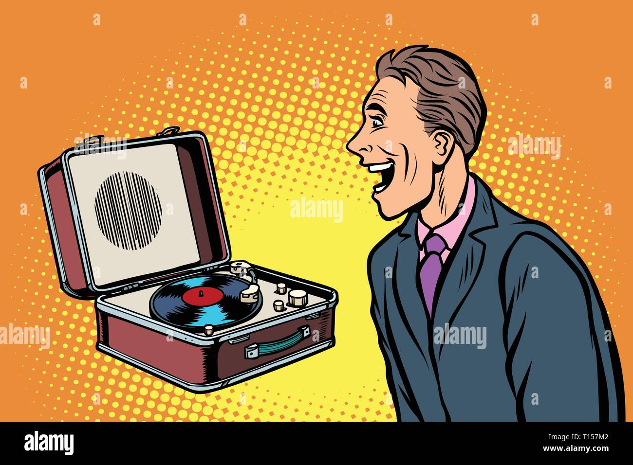 happy man listening to music. retro vinyl record player Stock Vector ...