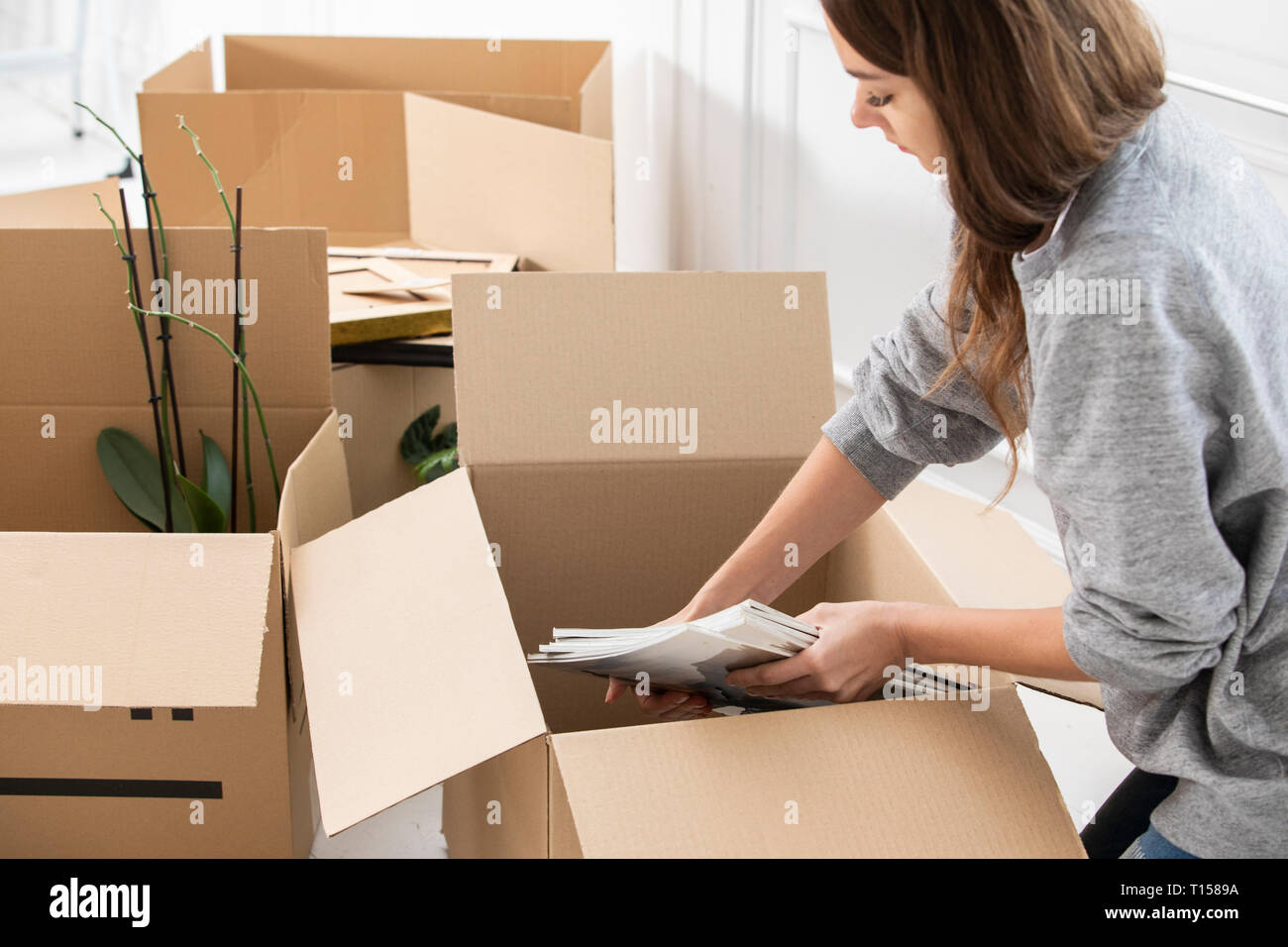 Woman packing cardboard boxes Stock Photo - Alamy