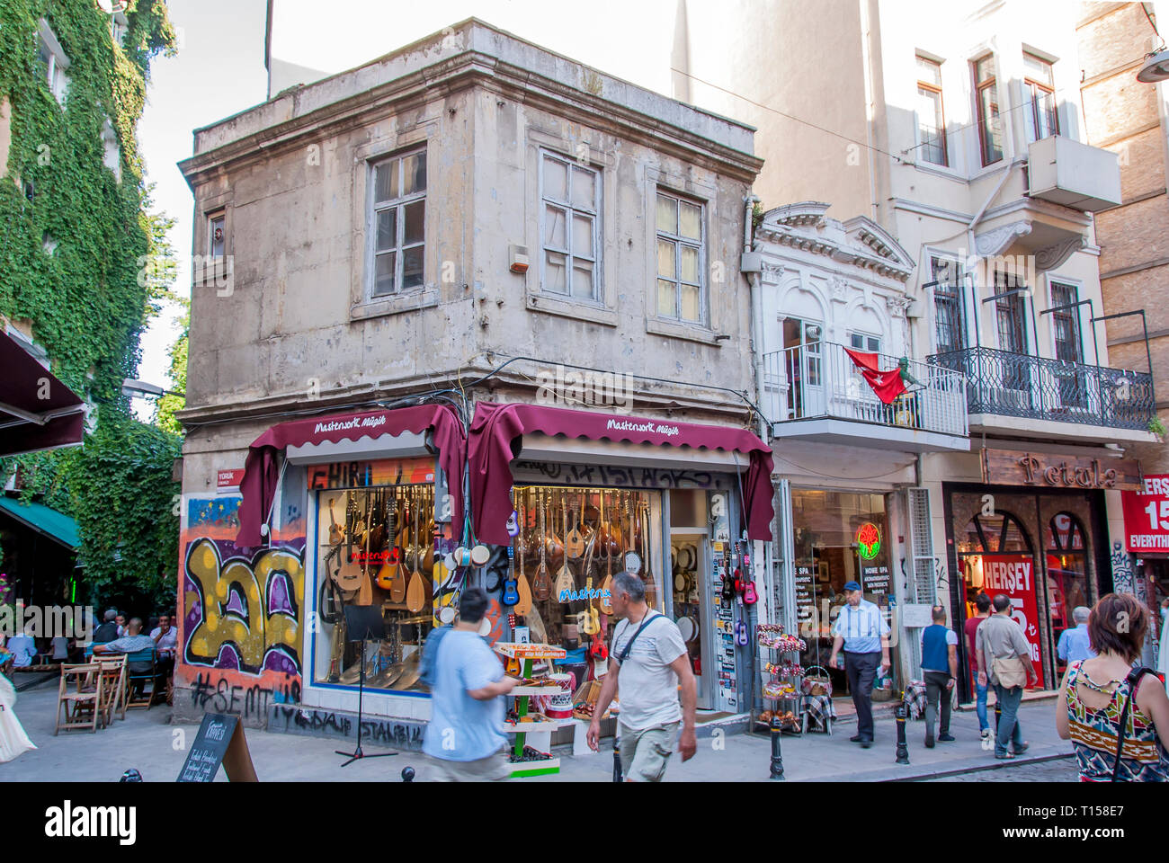 Istanbul, Turkey, 8 June 2018: Shops at Pera Yuksek Kaldirim, Karakoy ...