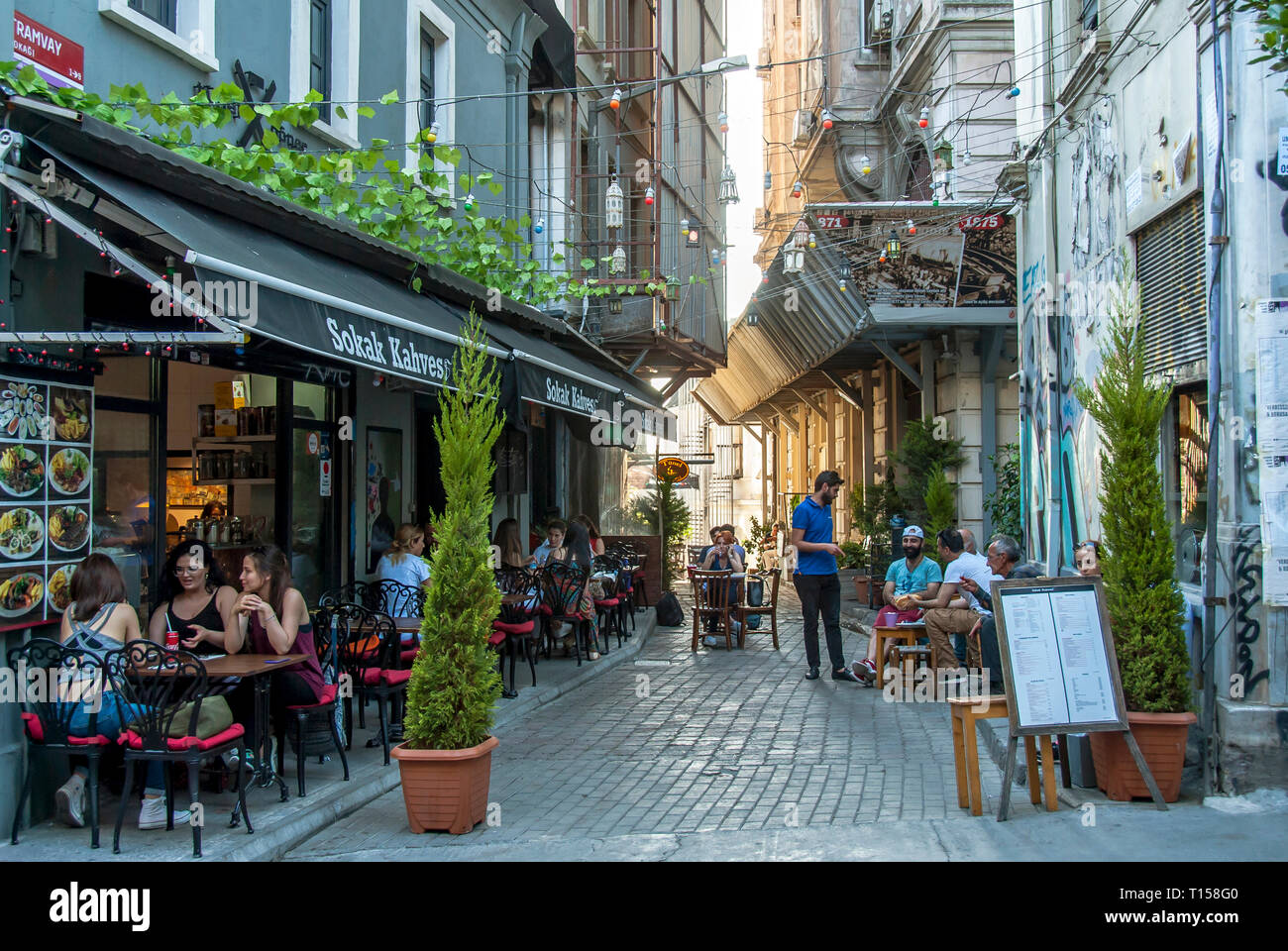 Istanbul, Turkey, 8 June 2018: Cafe at Pera Yuksek Kaldirim, Karakoy ...