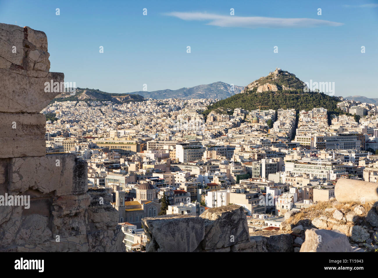 Greece, Athens, view from Acropolis towards Mount Lycabettus Stock ...