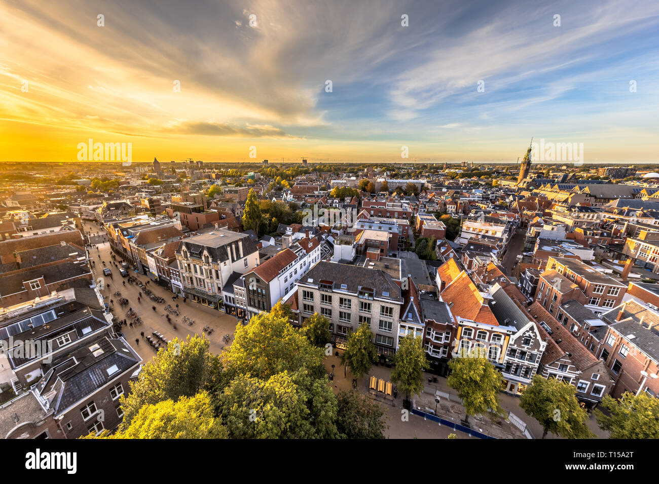 Aerial Skyline view of historic Groningen city centre under setting sun ...