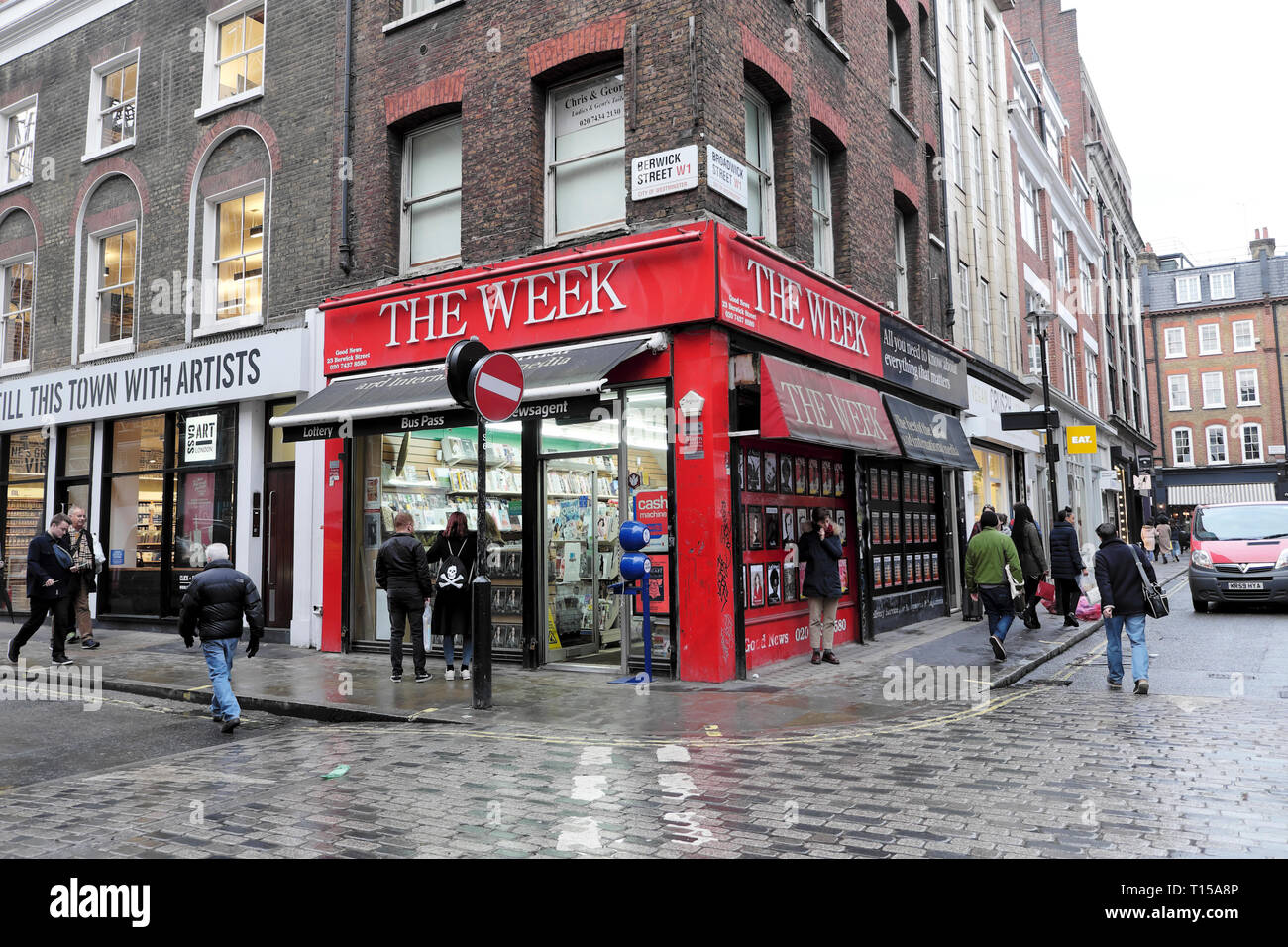 The Week newsagent shop on the corner of Berwick street on a rainy day ...