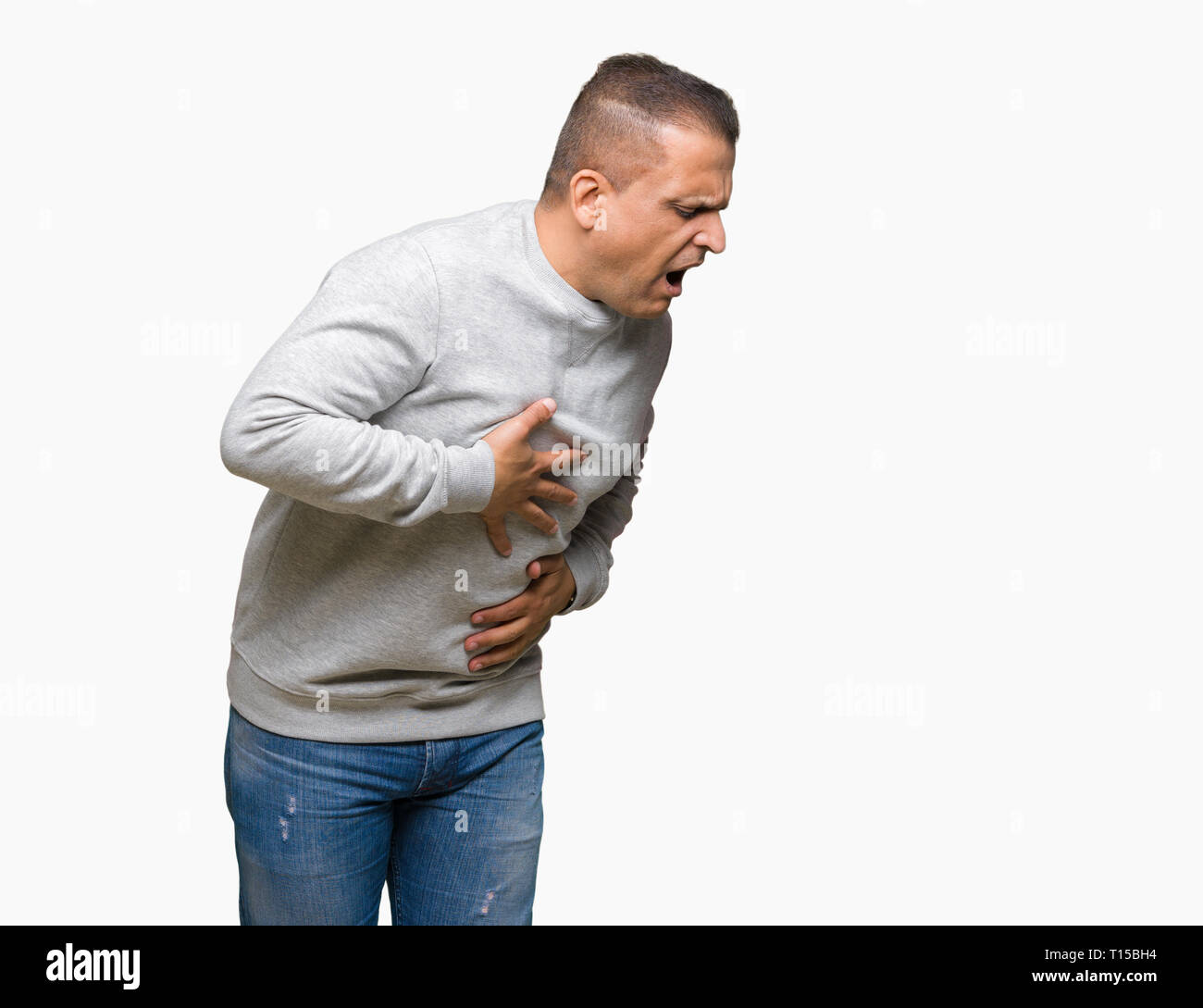 Middle age arab man wearing sport sweatshirt over isolated background ...