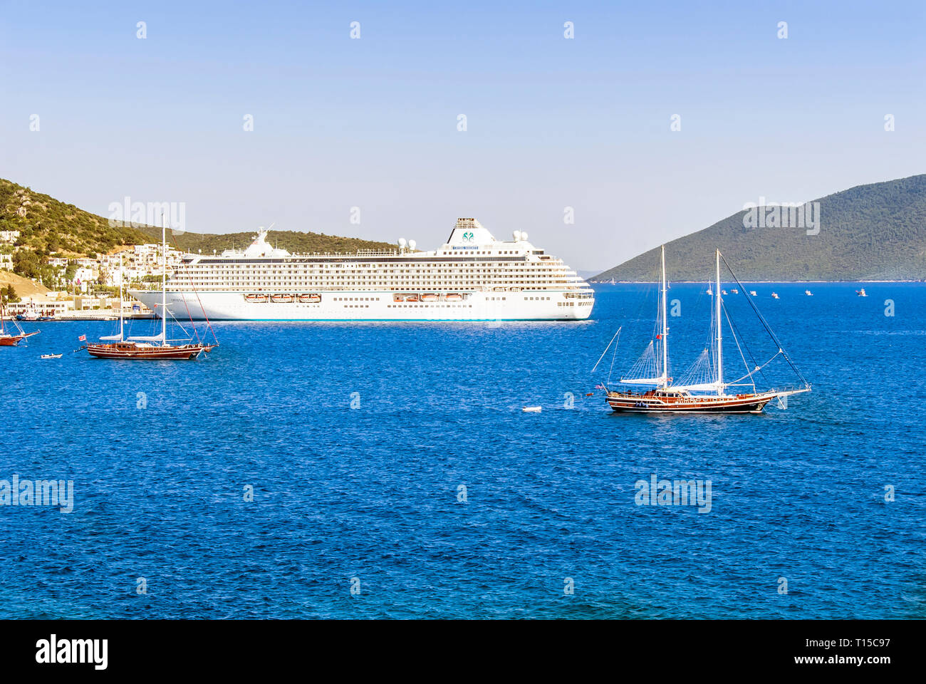 Bodrum, Turkey, 20 May 2010: Sailboats and Ship at Aegean Sea Stock ...