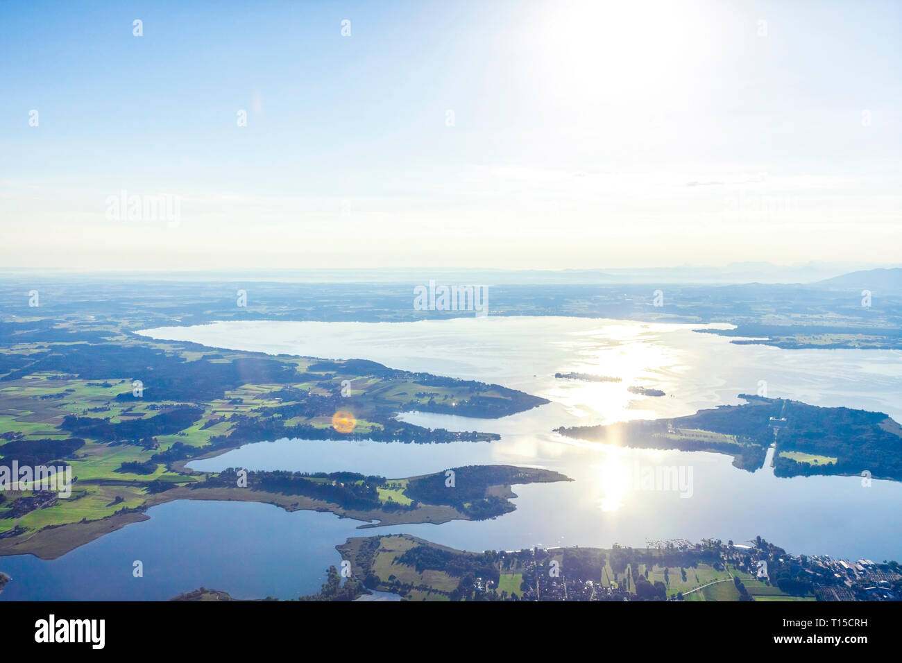 Germany, Bavaria, Chiemgau, Aerial view of Prien and lake Chiemsee ...