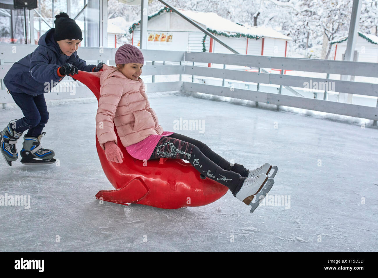 Brother pushing sister on the ice rink,sitting on seal sledge Stock ...