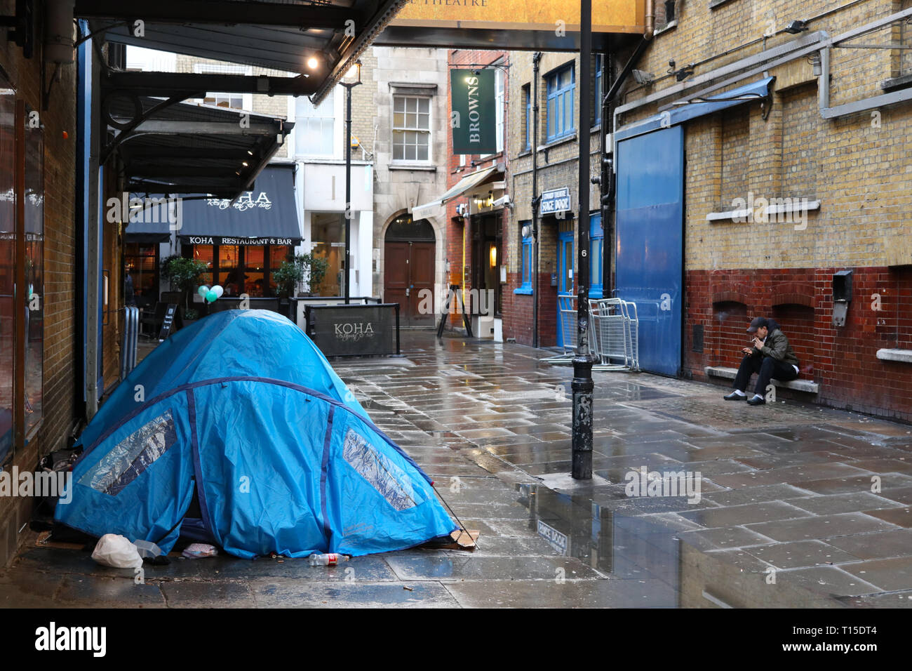 Tent belonging to homeless person in Theatre land in Central London ...