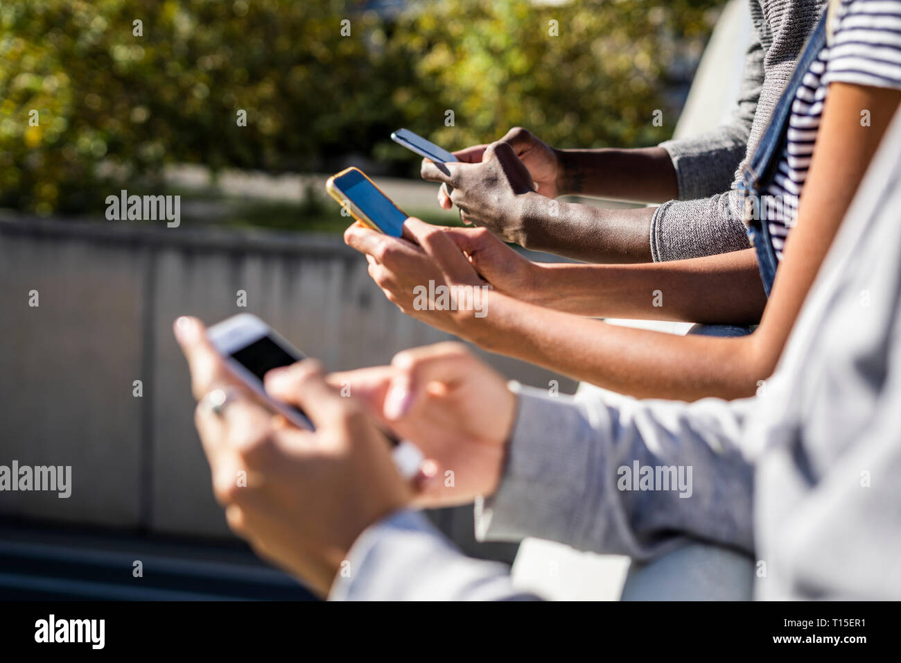 Friends standing side by side, using smartphones Stock Photo - Alamy