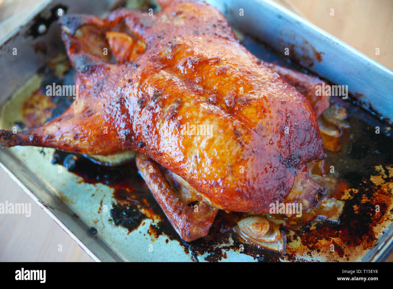 Overhead view of cooked duckling in roasting pan Stock Photo - Alamy