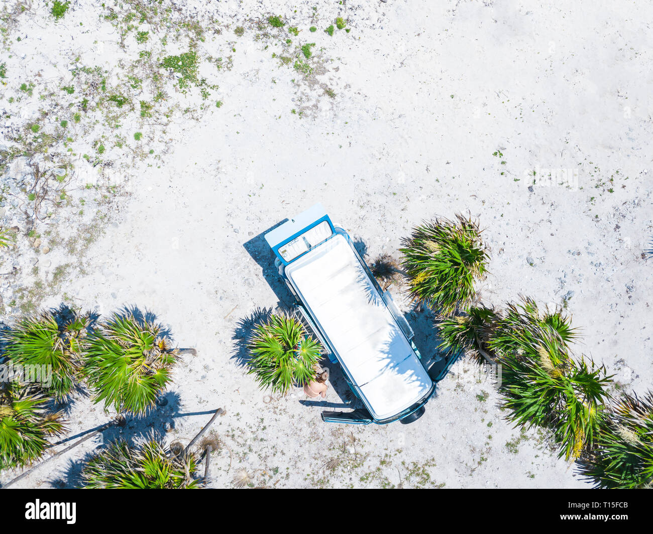 Mexico, Yucatan, Quintana Roo, Tulum, drone view of camper van on the ...