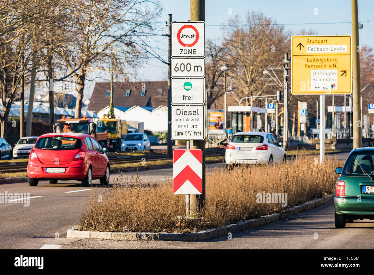 Germany, Fellbach, low-emission zone sign for Stuttgart, driving ban ...