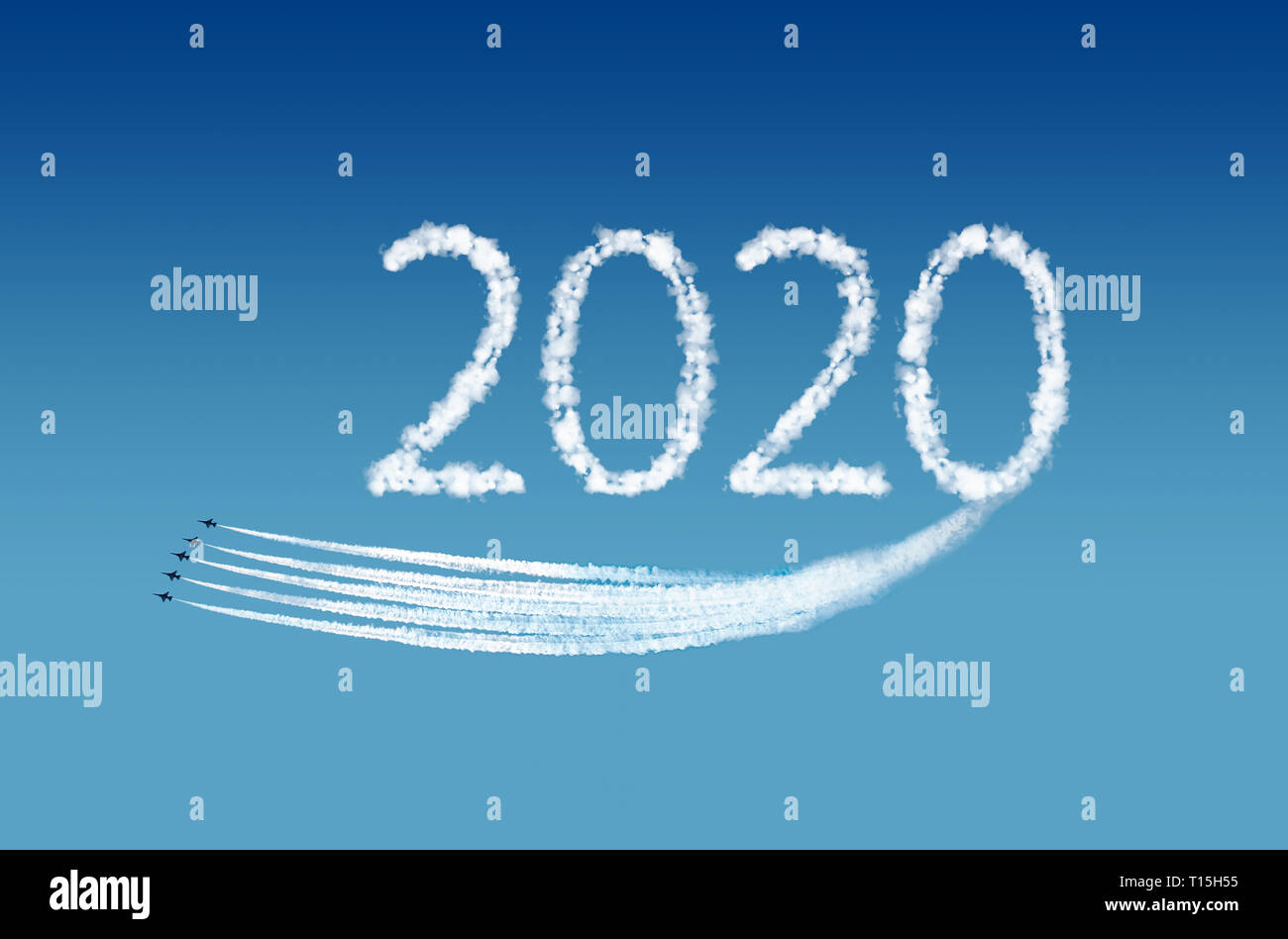 2020 text, computer graphics, represented by airplane trails. New Year ...