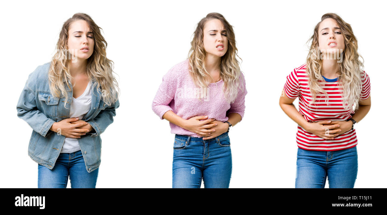 Collage of young beautiful blonde girl over isolated background with ...