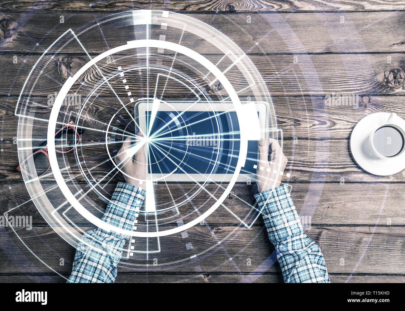 Business workplace with tablet device coffee cup and media interface ...