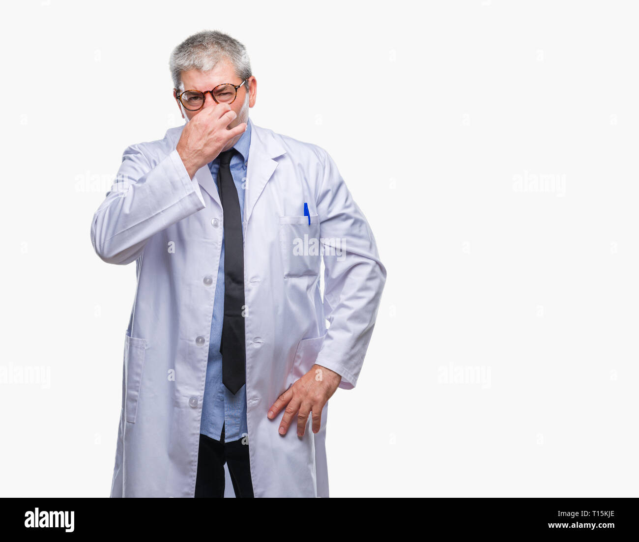 Handsome senior doctor, scientist professional man wearing white coat ...